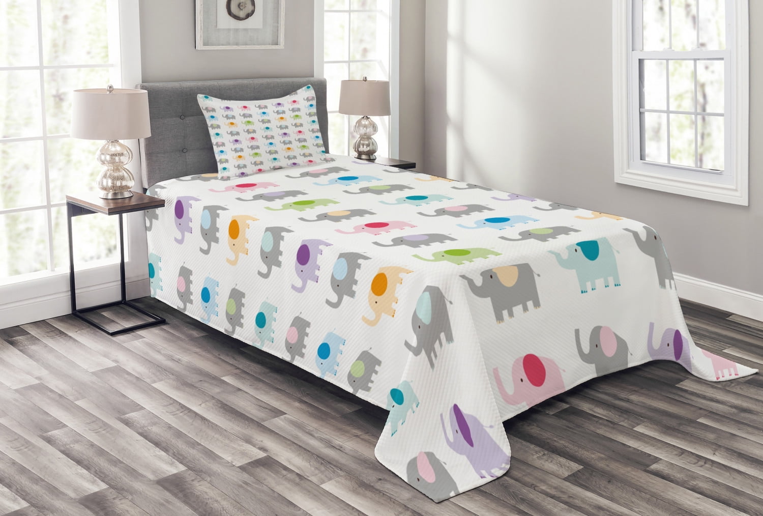 Ambesonne Cartoon Quilted Bedspread Set 2 Pcs, Colorful Fun Elephants ...