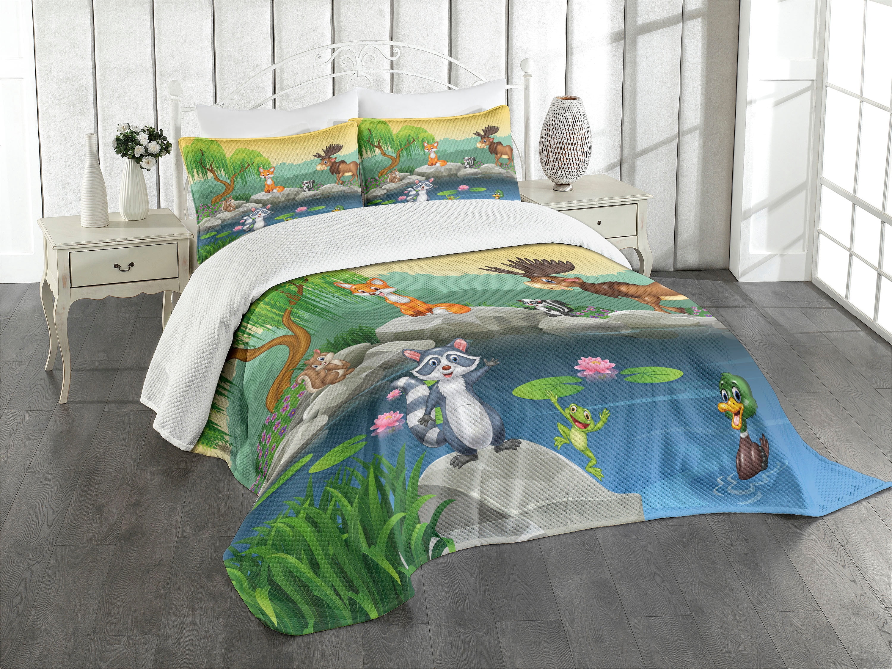 Ambesonne Cartoon Quilted Bedspread Set 2 Pcs, Colorful Scene of ...