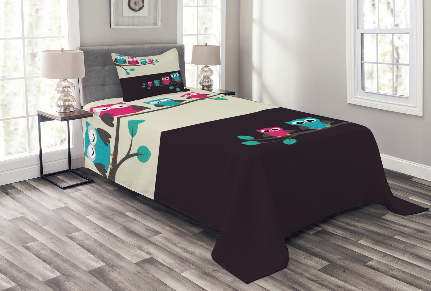 Ambesonne Cartoon Quilted Bedspread Set 2 Pcs, Family of Owls, Twin ...