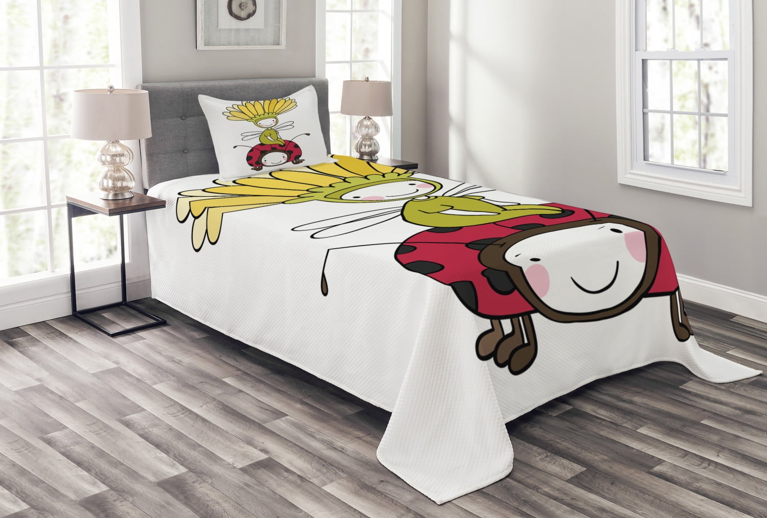 Ambesonne Cartoon Quilted Bedspread Set 2 Pcs, Flower and Ladybug, Twin ...