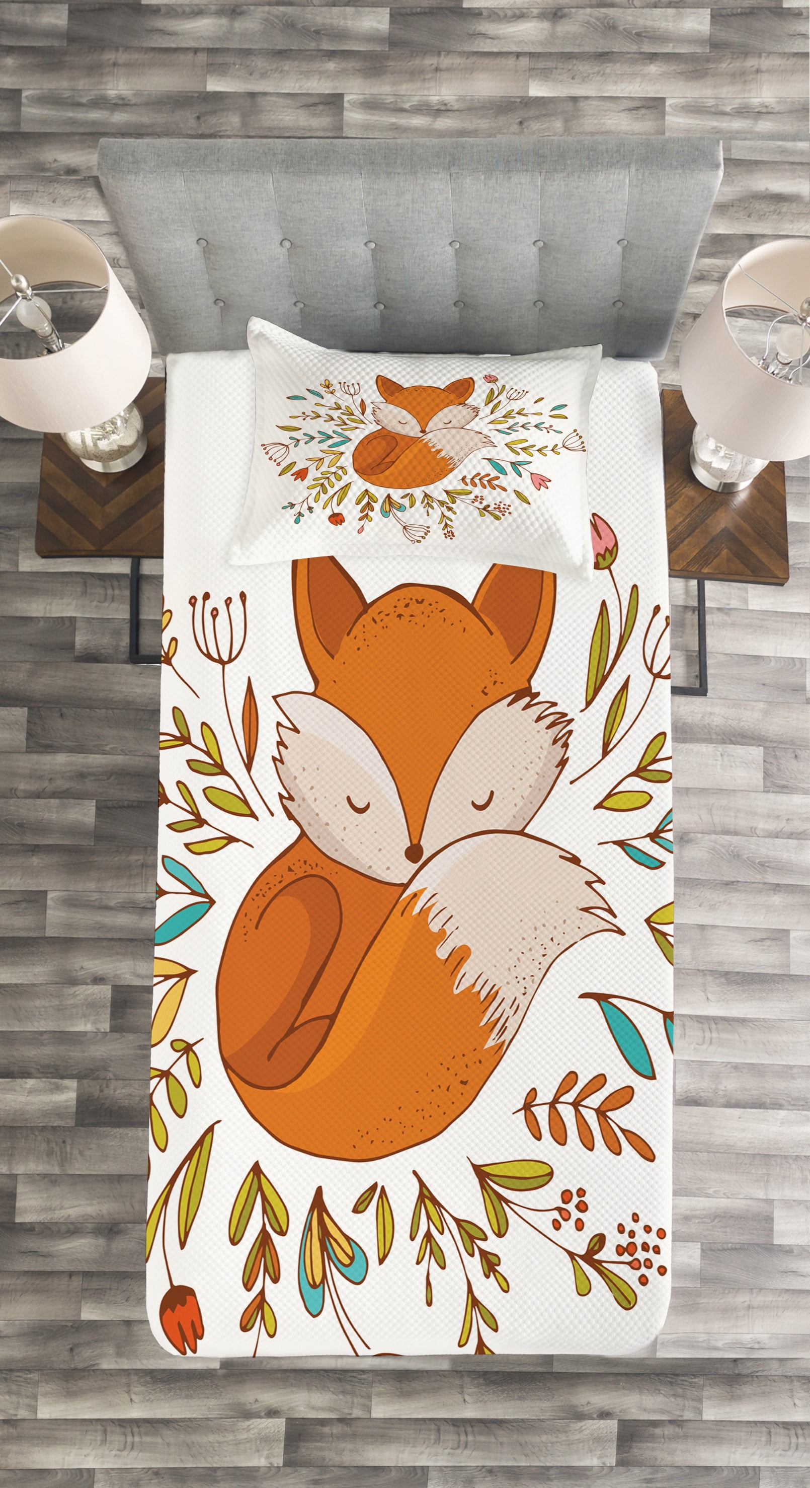 Ambesonne Cartoon Quilted Bedspread Set 2 Pcs, Fox Flowers, Twin Size ...