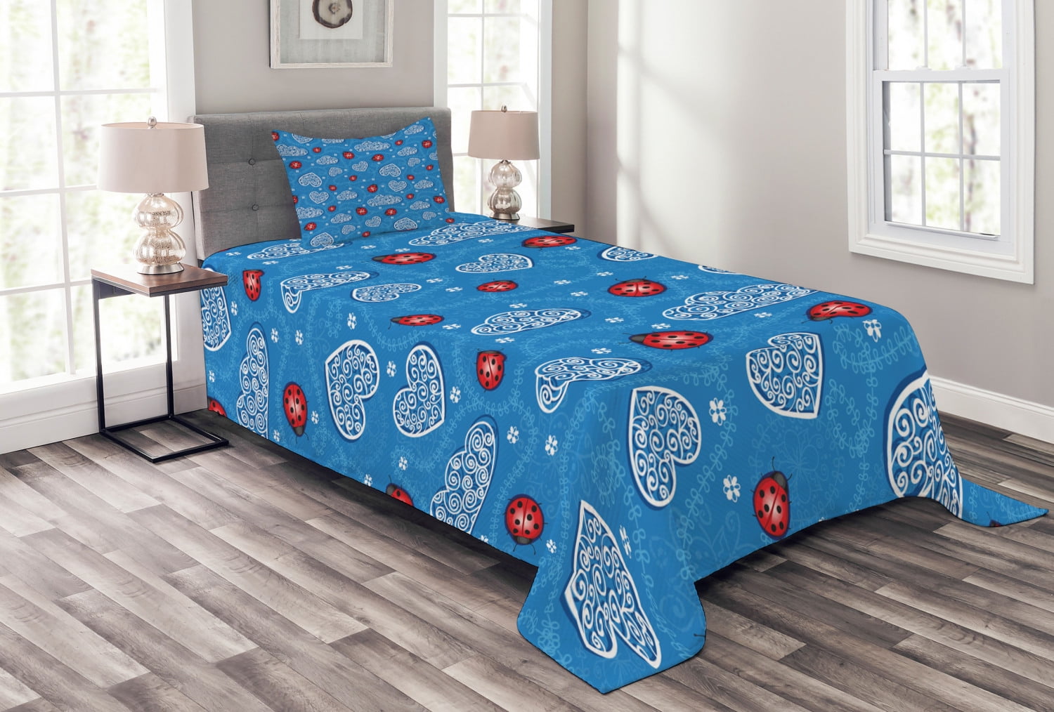 Ambesonne Cartoon Quilted Bedspread Set 2 Pcs, Ladybugs Hearts Clouds ...