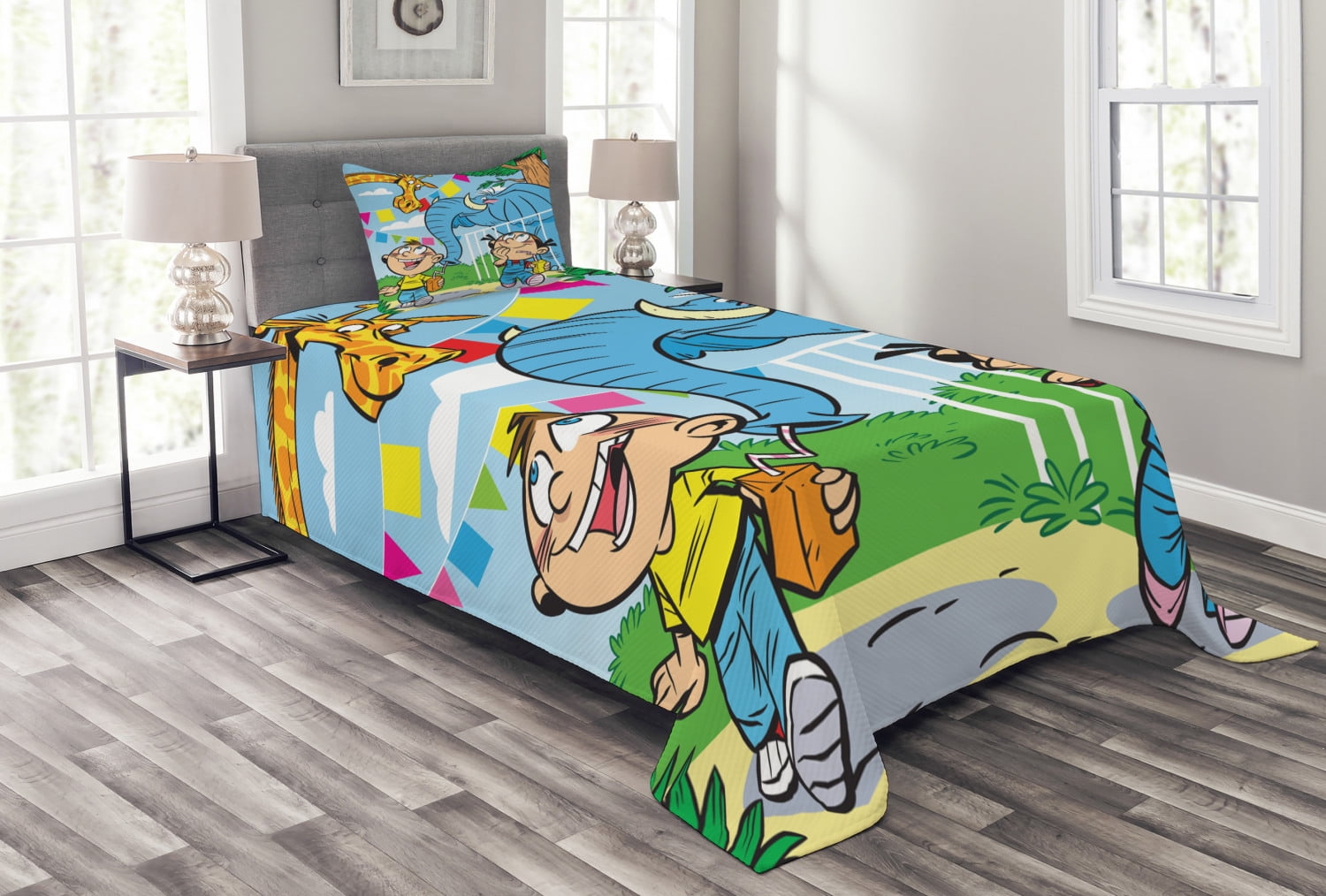 Ambesonne Cartoon Quilted Bedspread Set 2 Pcs, Mischievous Boy, Twin ...