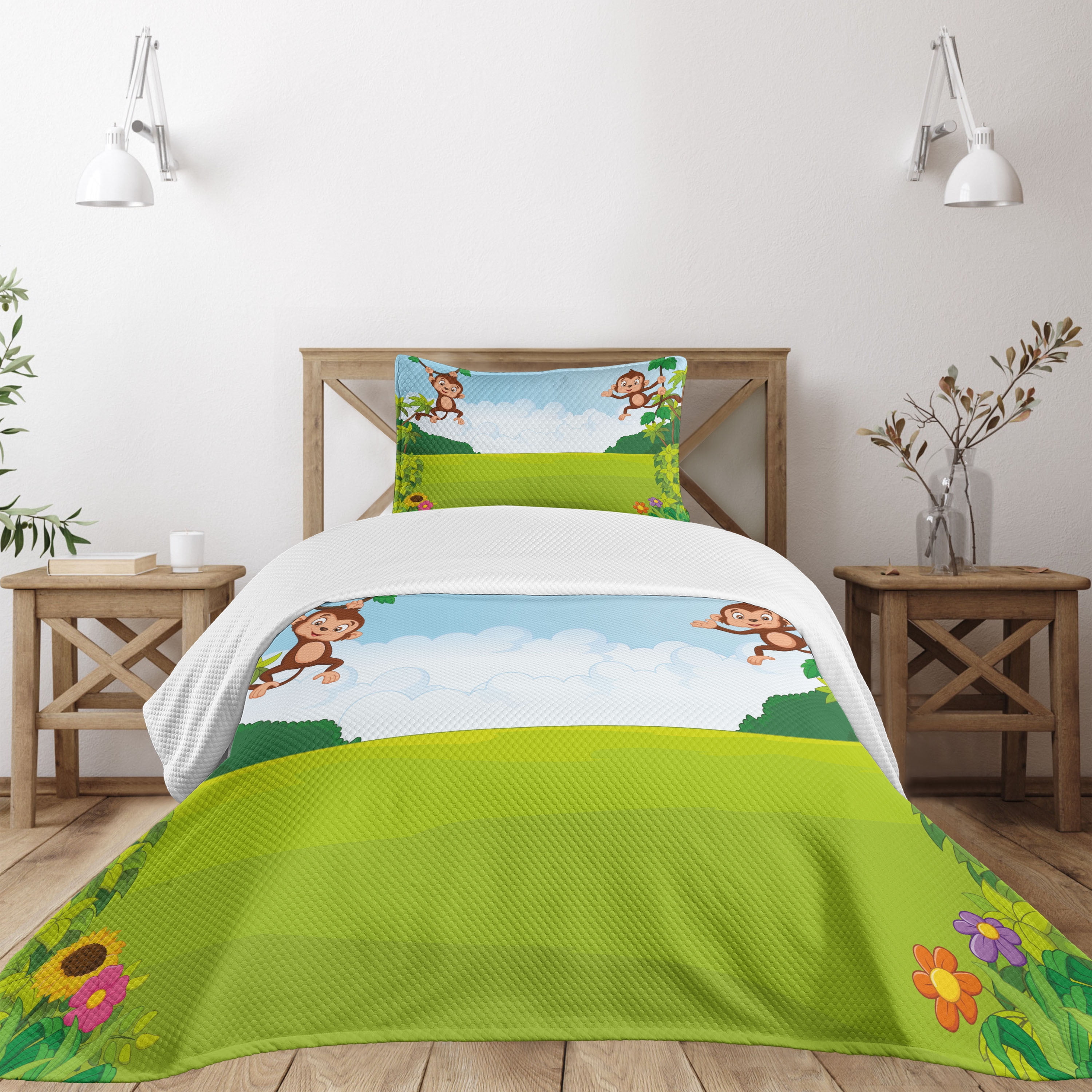 Ambesonne Cartoon Quilted Bedspread Set 2 Pcs, Monkeys on Vines, Twin ...