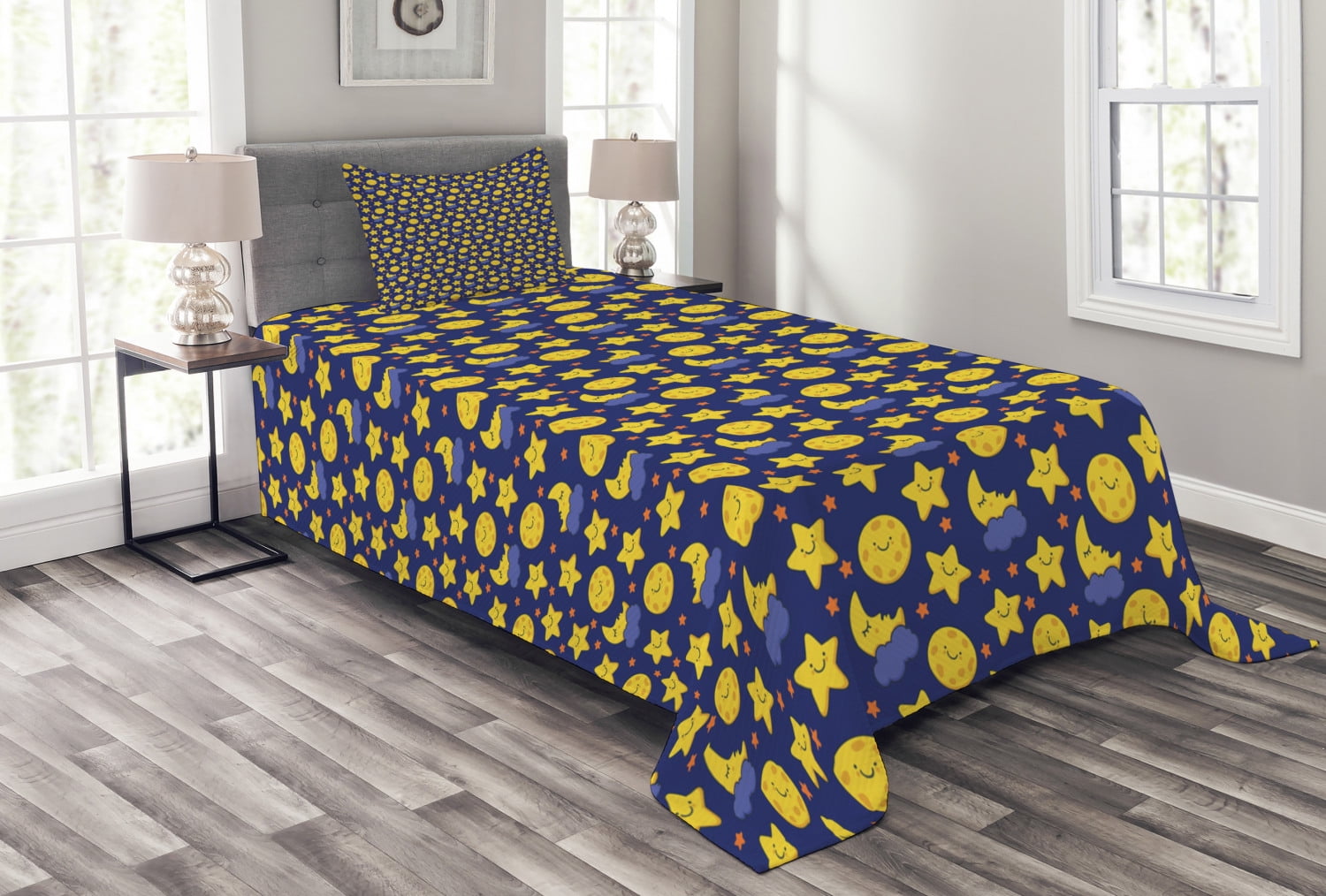Ambesonne Cartoon Quilted Bedspread Set 2 Pcs, Sleeping Moon at Night ...
