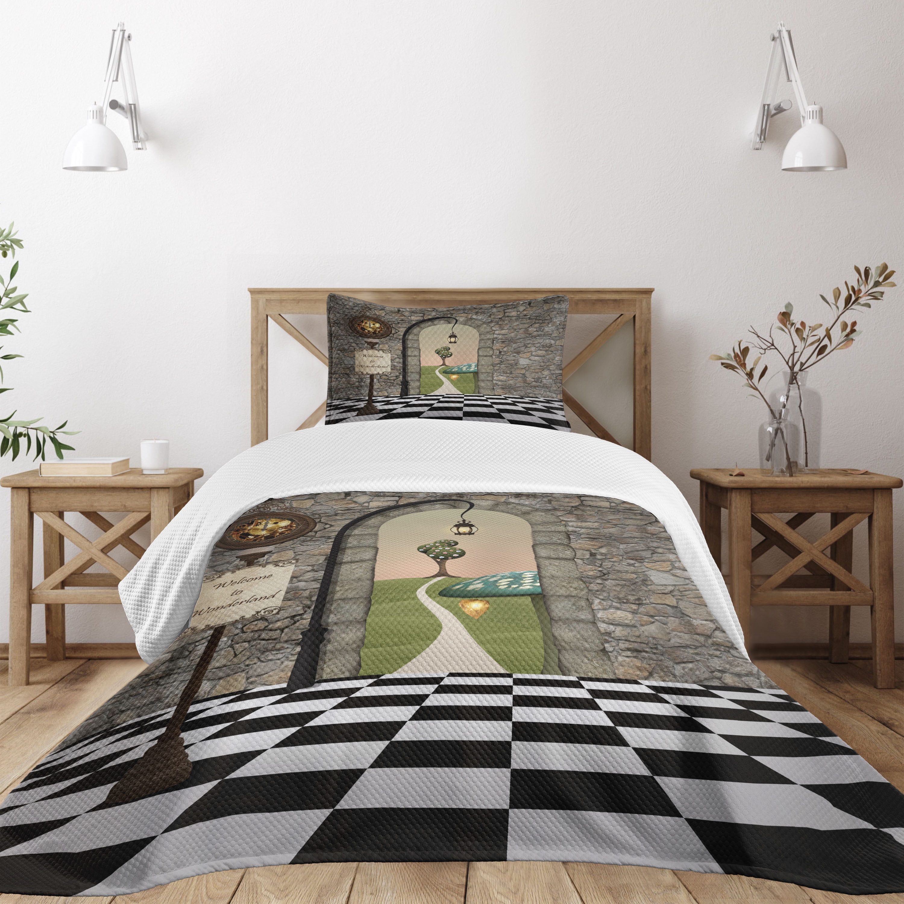Ambesonne Cartoon Quilted Bedspread Set 2 Pcs, Wonderland Alice Art ...
