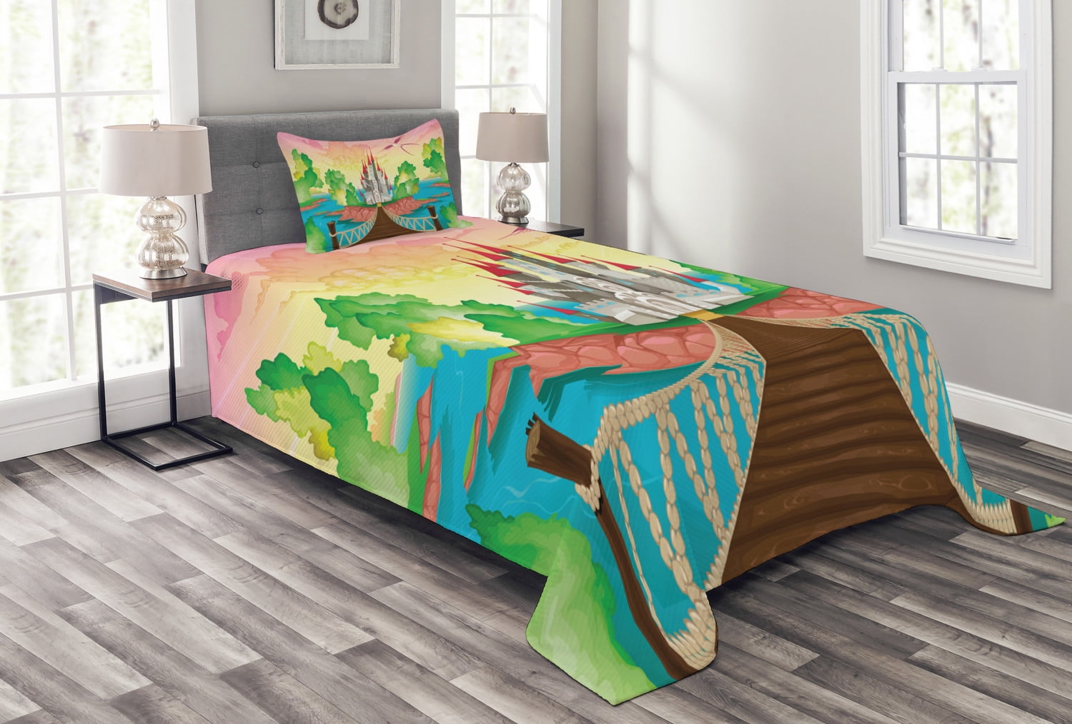 Ambesonne Cartoon Quilted Bedspread Set 2 Pcs, Wooden Bridge and Bird ...