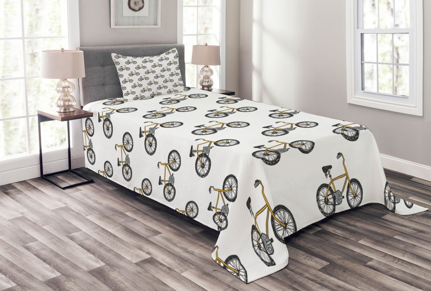 Ambesonne Cartoon Quilted Bedspread Set 2 Pcs, Yellow Bicycle Pattern ...
