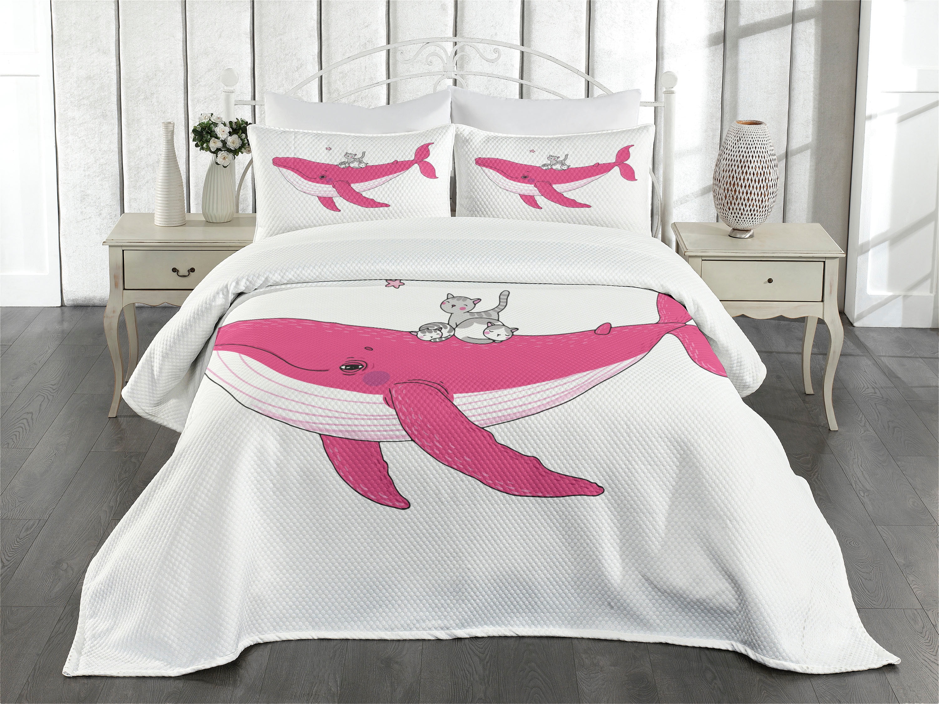 Ambesonne Cartoon Quilted Bedspread Set 3 Pcs, 3 Cats Big Fish Magic ...