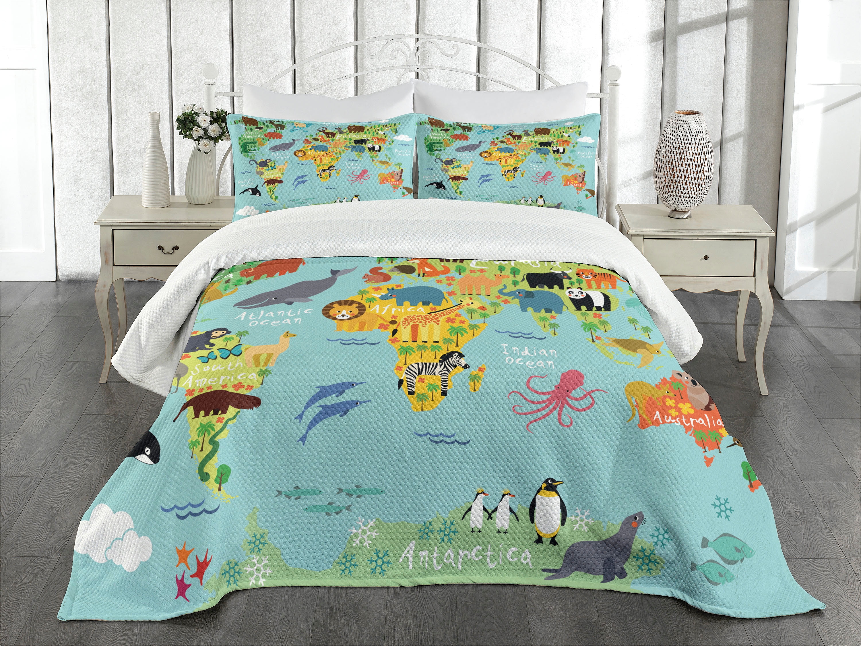Ambesonne Cartoon Quilted Bedspread Set 3 Pcs, Animal Map of the World ...