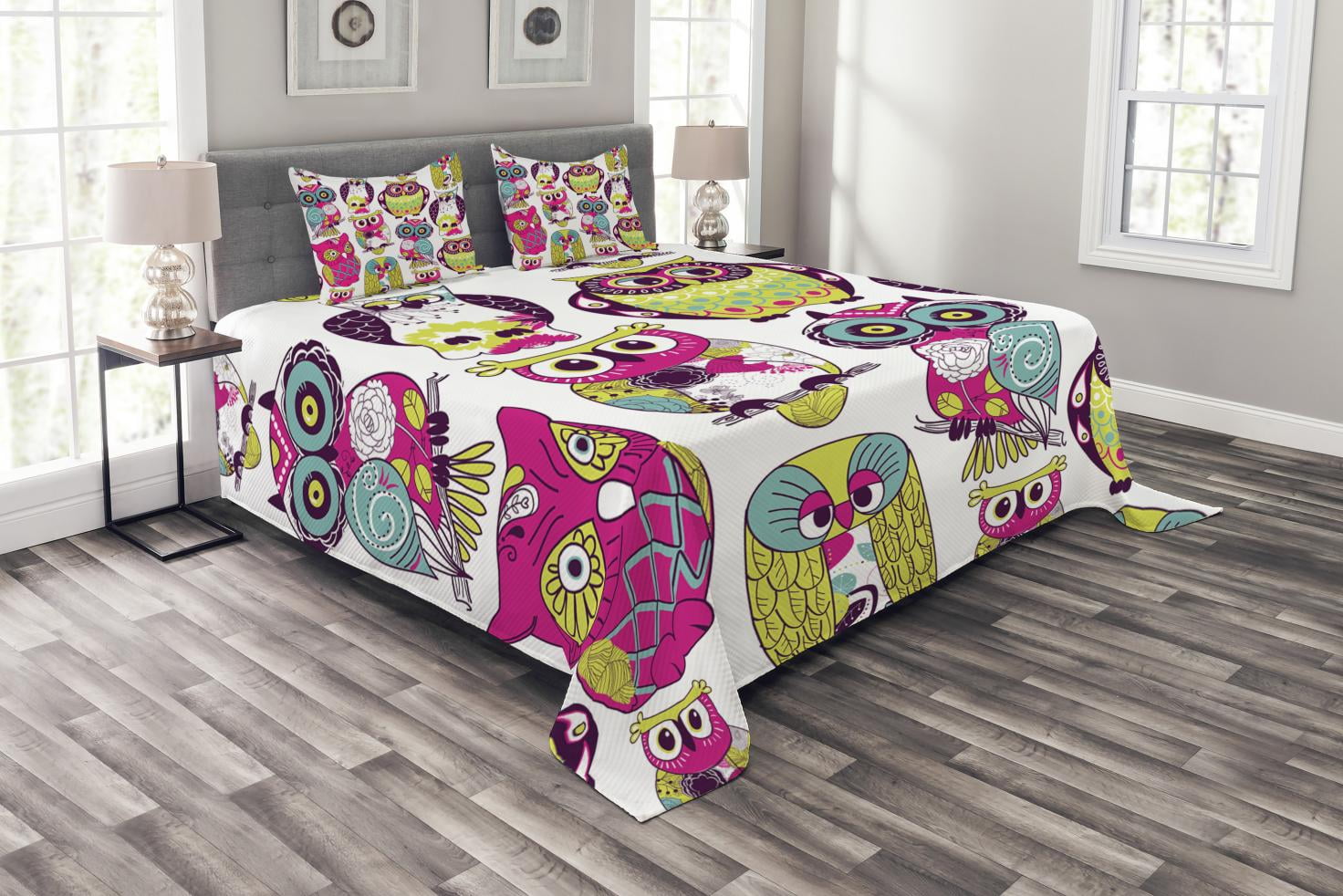 Ambesonne Cartoon Quilted Bedspread Set 3 Pcs, Best Friends Animals Fun ...