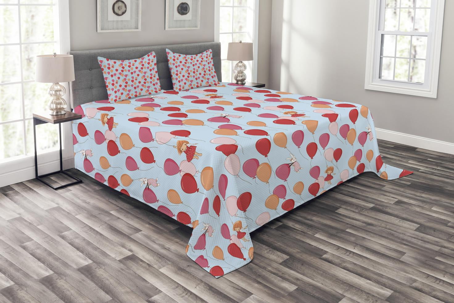Ambesonne Cartoon Quilted Bedspread Set 3 Pcs, Bunny Girl and Balloons ...
