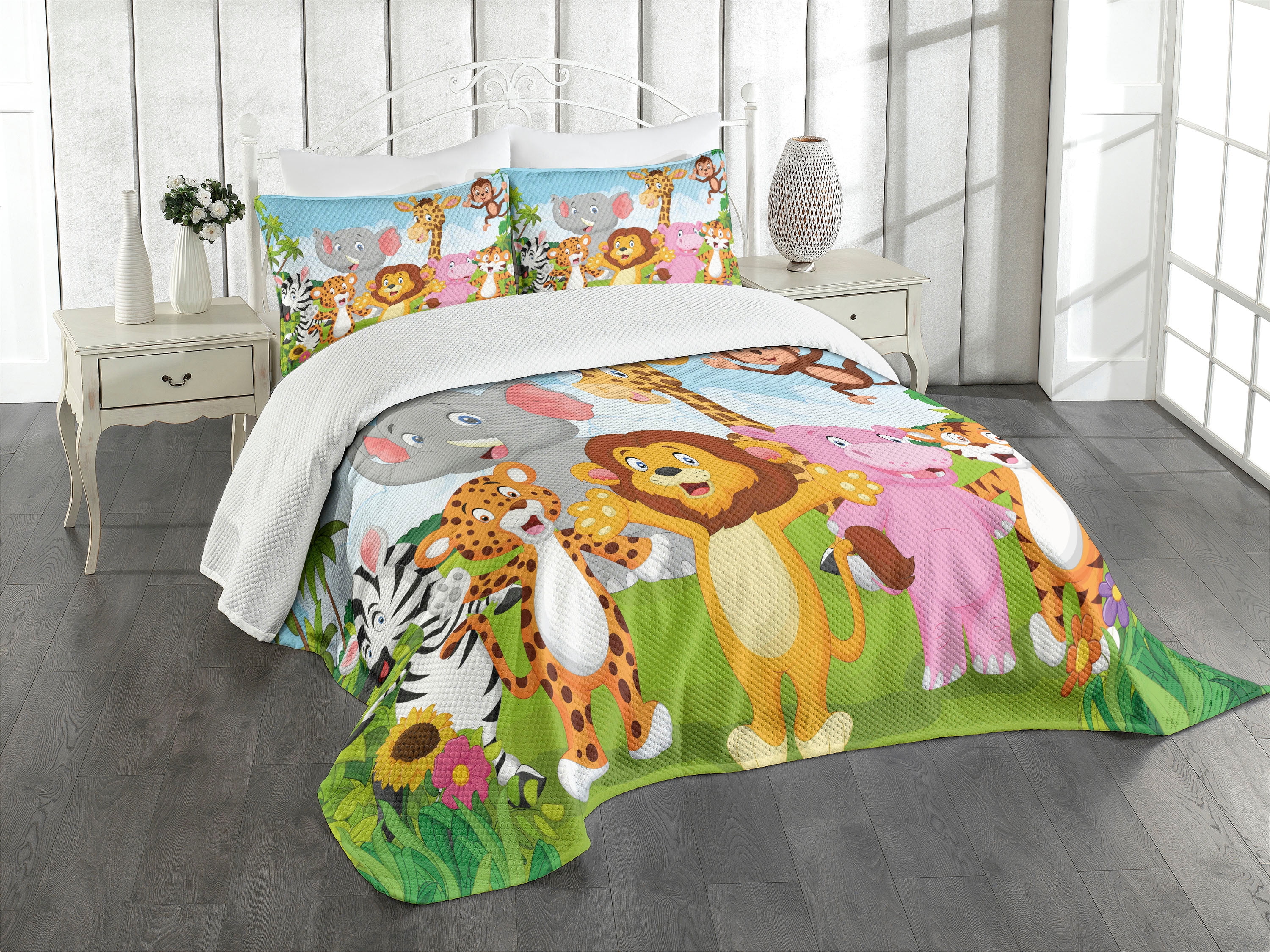 Ambesonne Cartoon Quilted Bedspread Set 3 Pcs, Comic Savannah, King ...