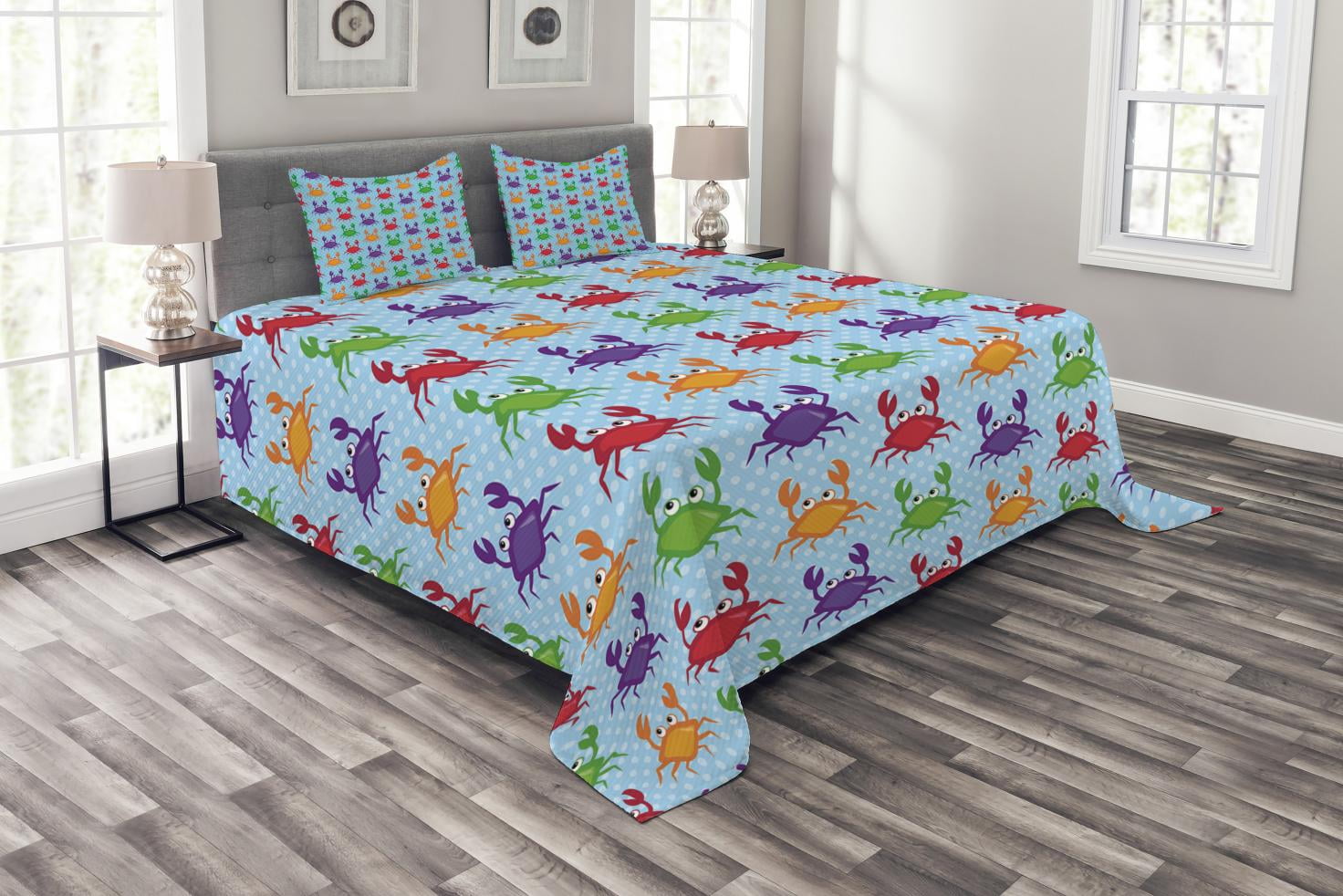 Ambesonne Cartoon Quilted Bedspread Set 3 Pcs, Crabs on Blue Backdrop ...