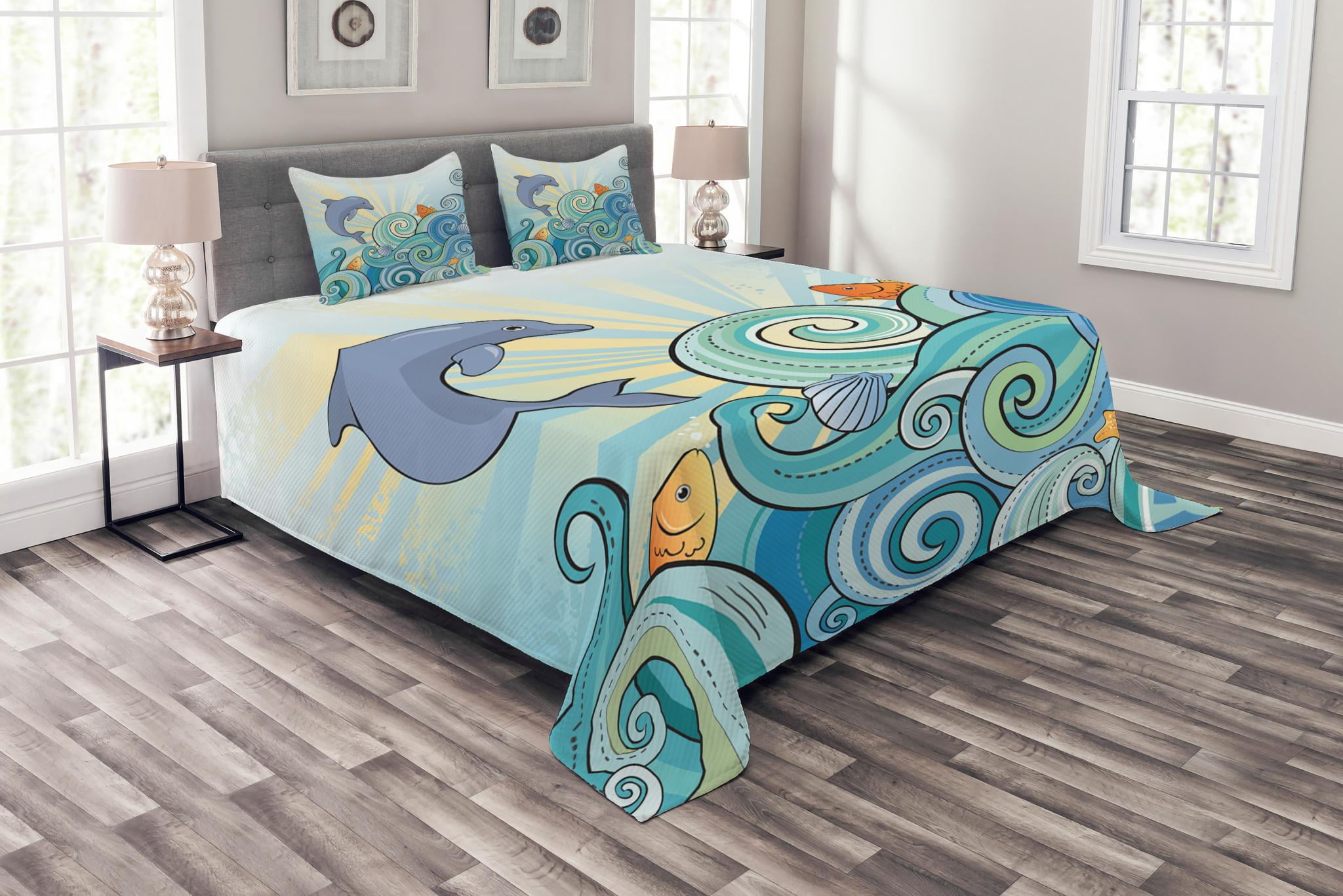 Ambesonne Cartoon Quilted Bedspread Set 3 Pcs, Dolphin Ocean, Queen ...