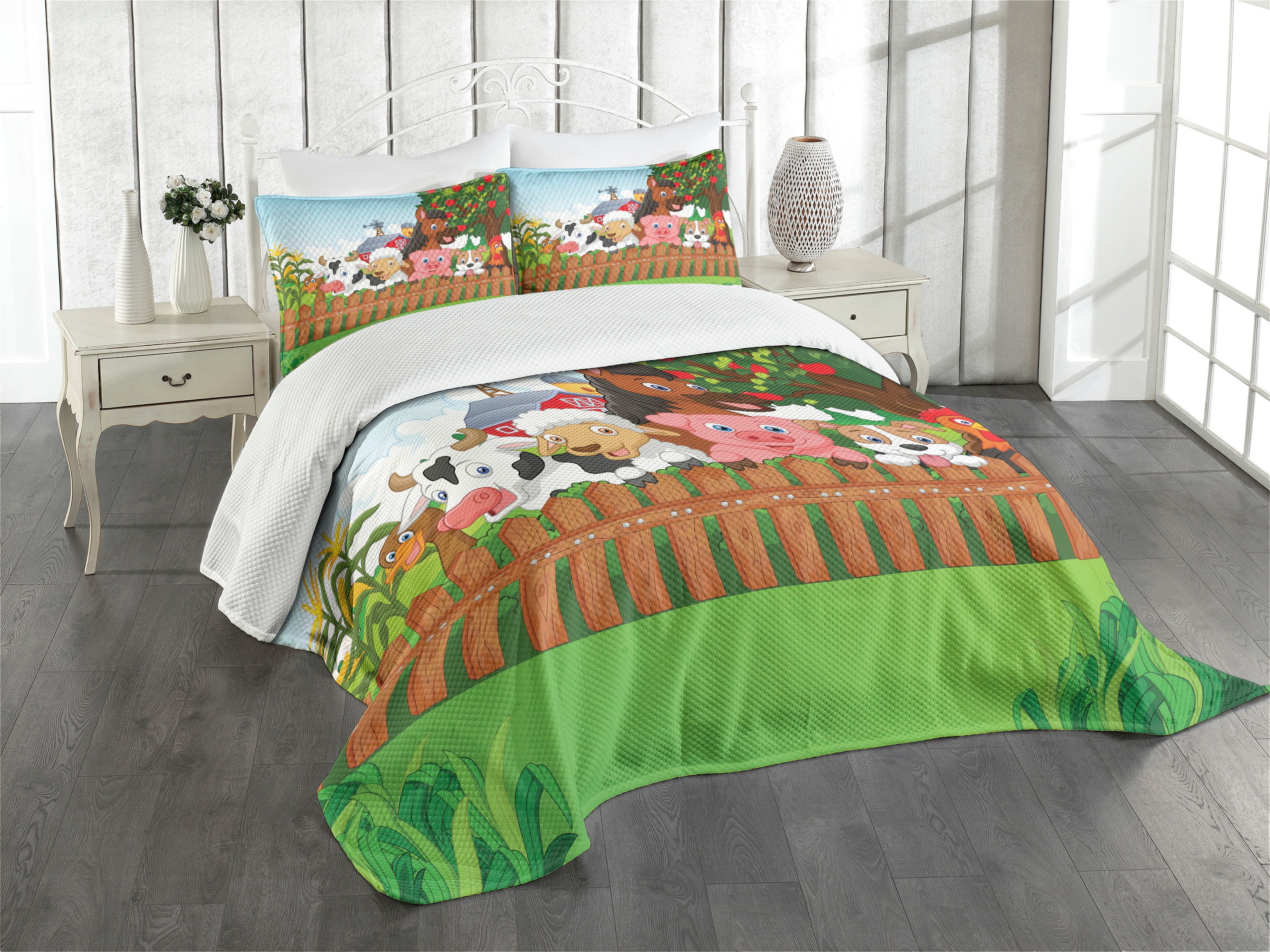 Ambesonne Cartoon Quilted Bedspread Set 3 Pcs, Farm Animals Mascots ...