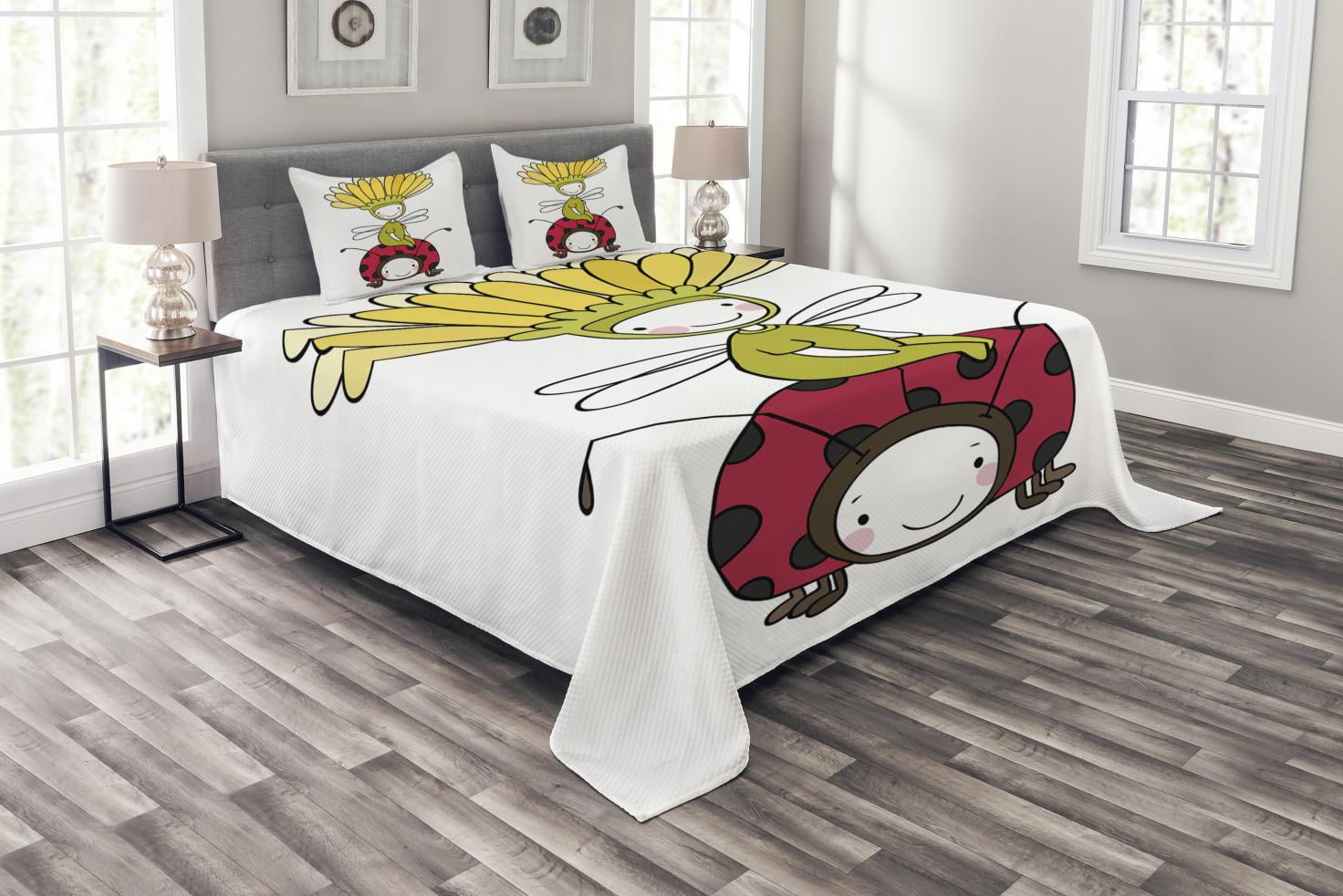Ambesonne Cartoon Quilted Bedspread Set 3 Pcs, Flower and Ladybug ...