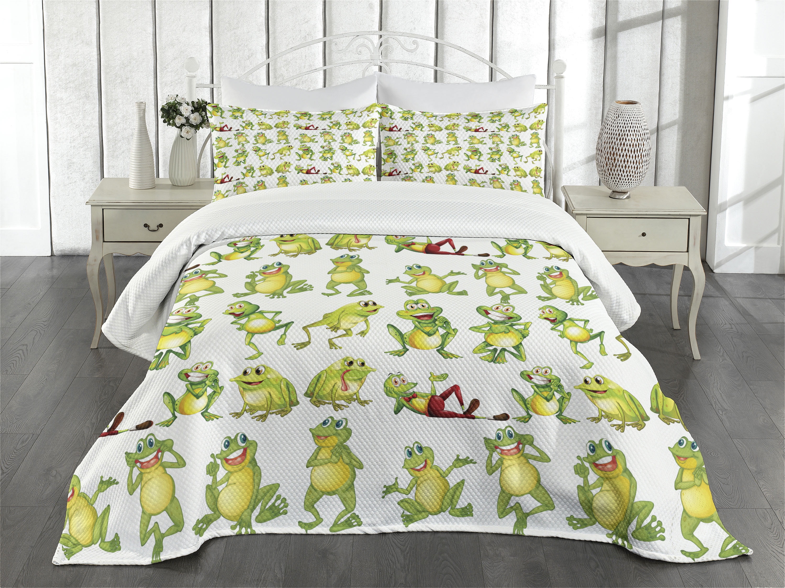 Ambesonne Cartoon Quilted Bedspread Set 3 Pcs, Frogs Different Poses ...