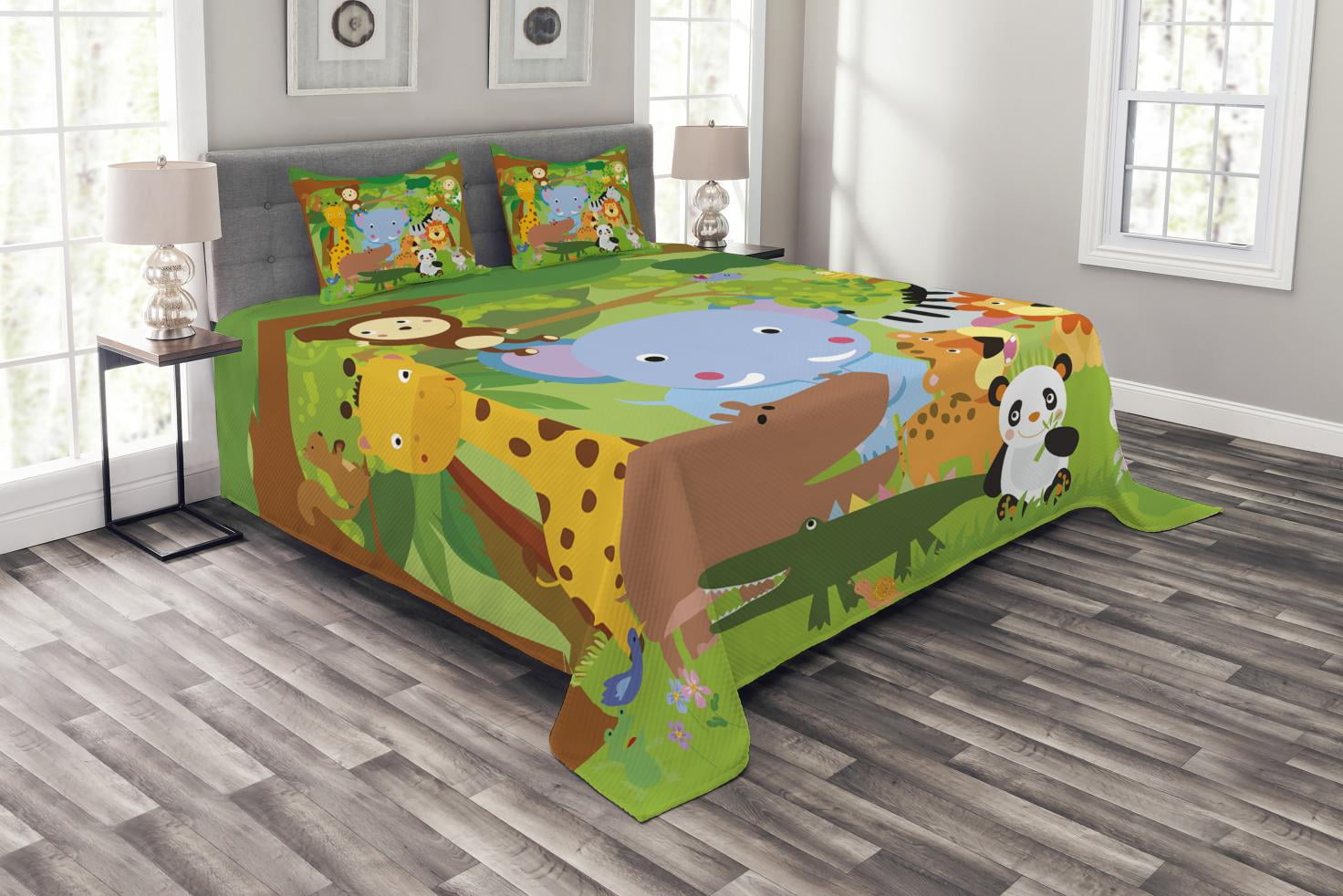 Ambesonne Cartoon Quilted Bedspread Set 3 Pcs, Funny Wildlife Mammals ...