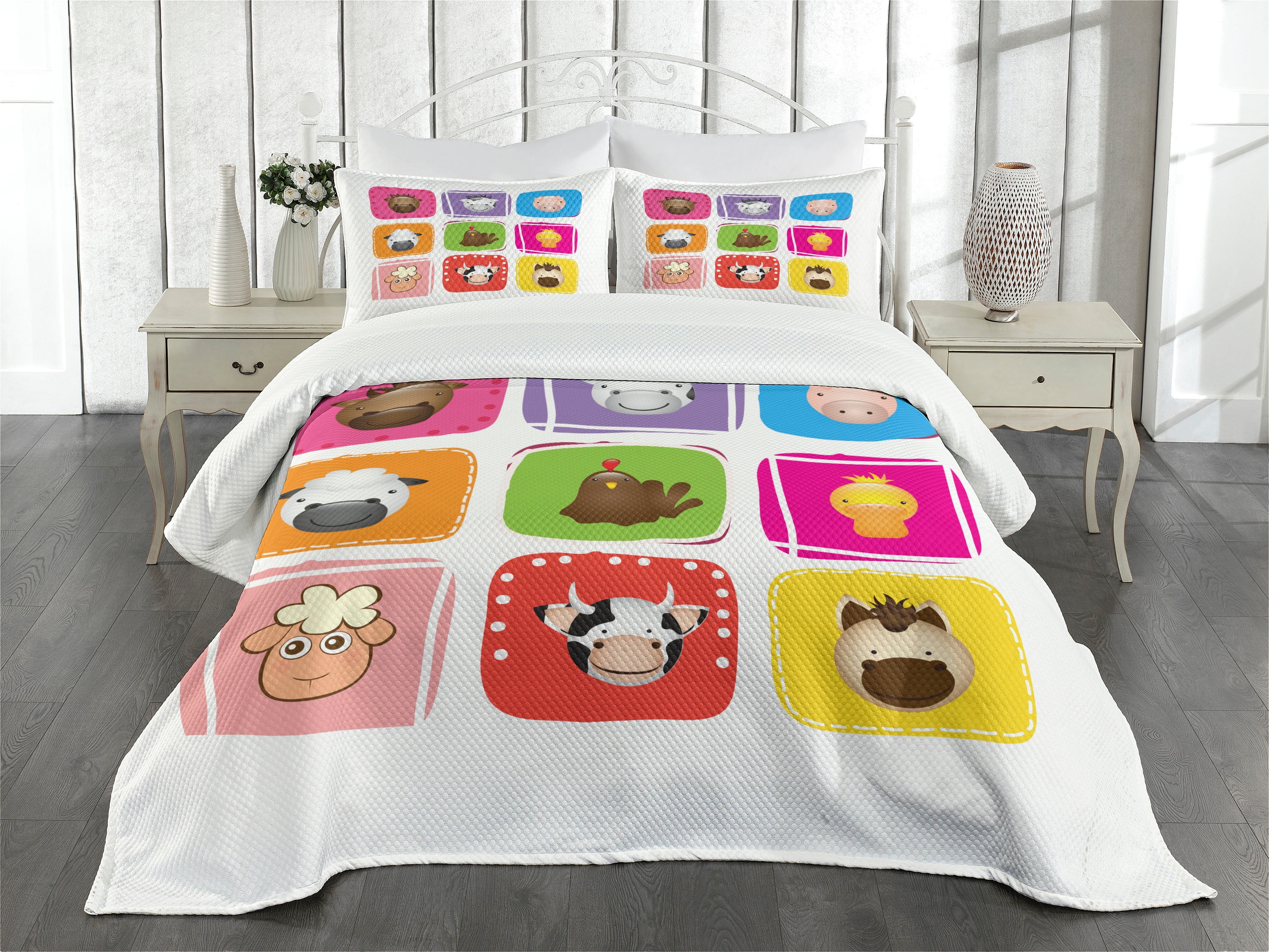 Ambesonne Cartoon Quilted Bedspread Set 3 Pcs, Geometric Squares Faces ...