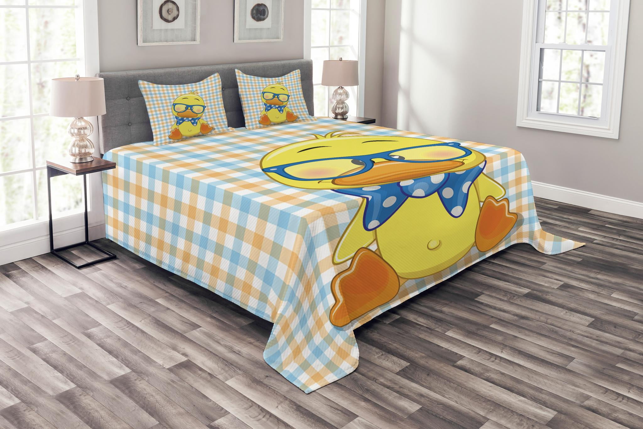Ambesonne Cartoon Quilted Bedspread Set 3 Pcs, Hipster Boho Cool Duck ...