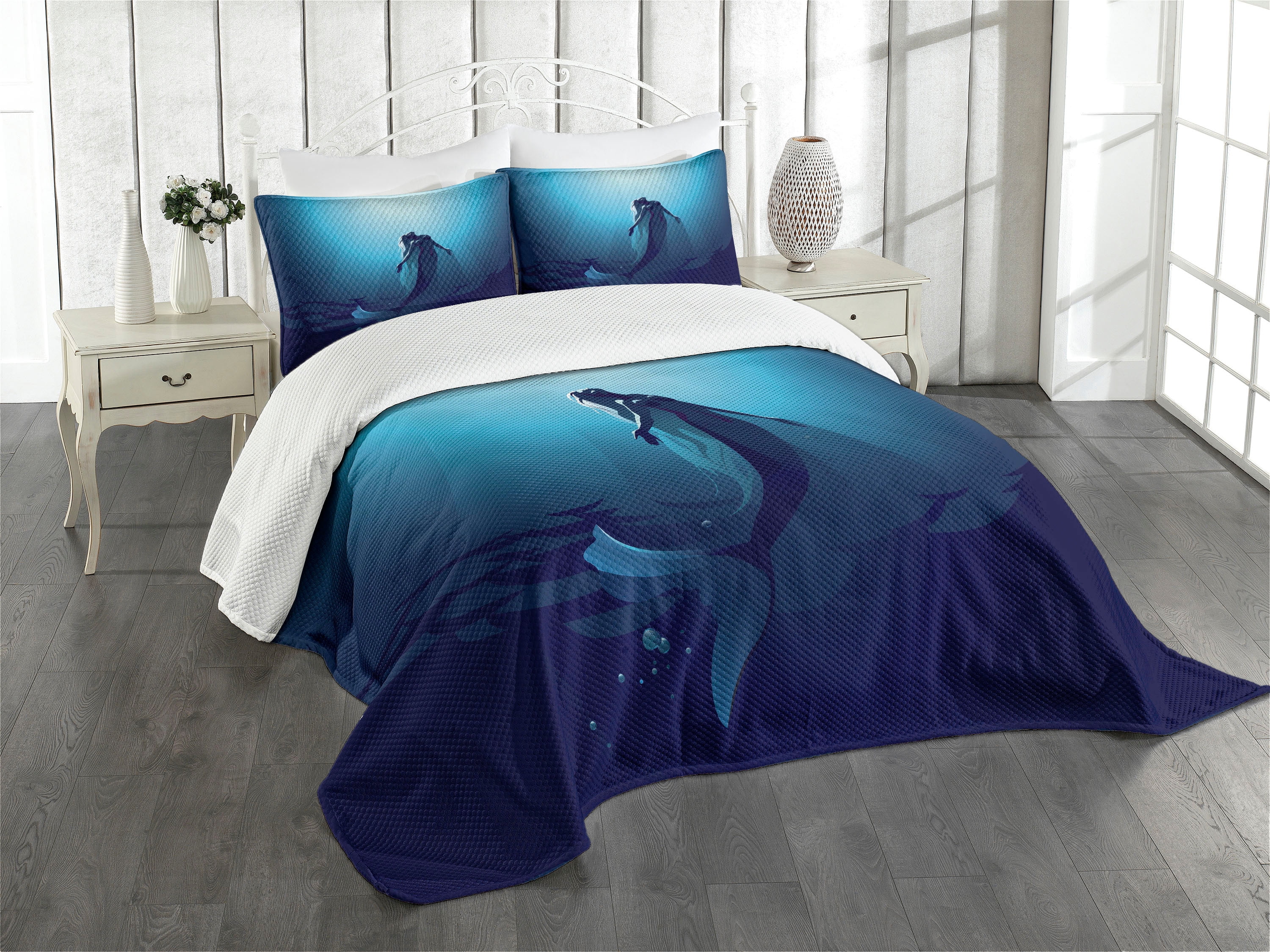 Ambesonne Cartoon Quilted Bedspread Set 3 Pcs, Mermaid in Deep Water ...