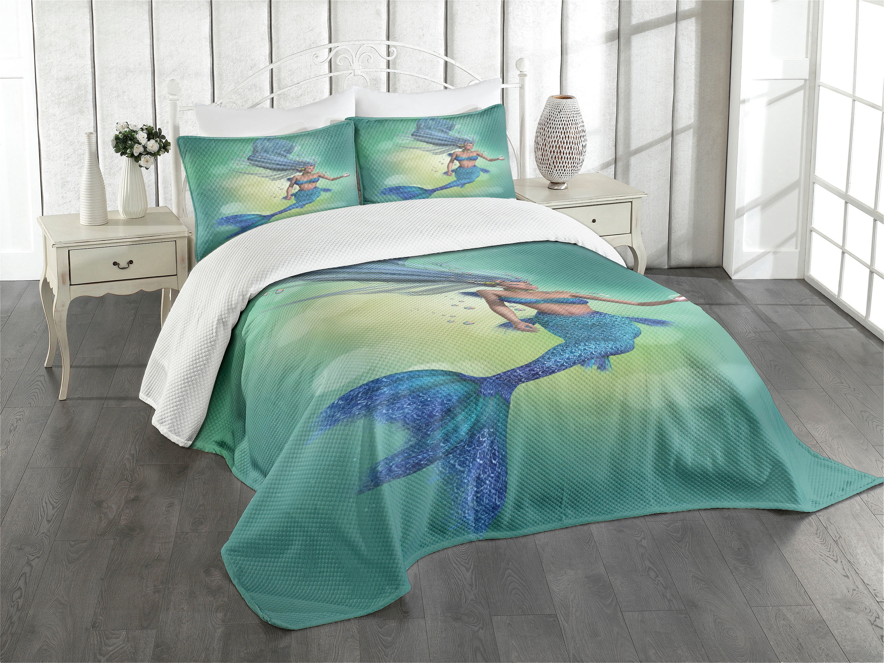 Ambesonne Cartoon Quilted Bedspread Set 3 Pcs, Mermaids Swimming, Queen ...