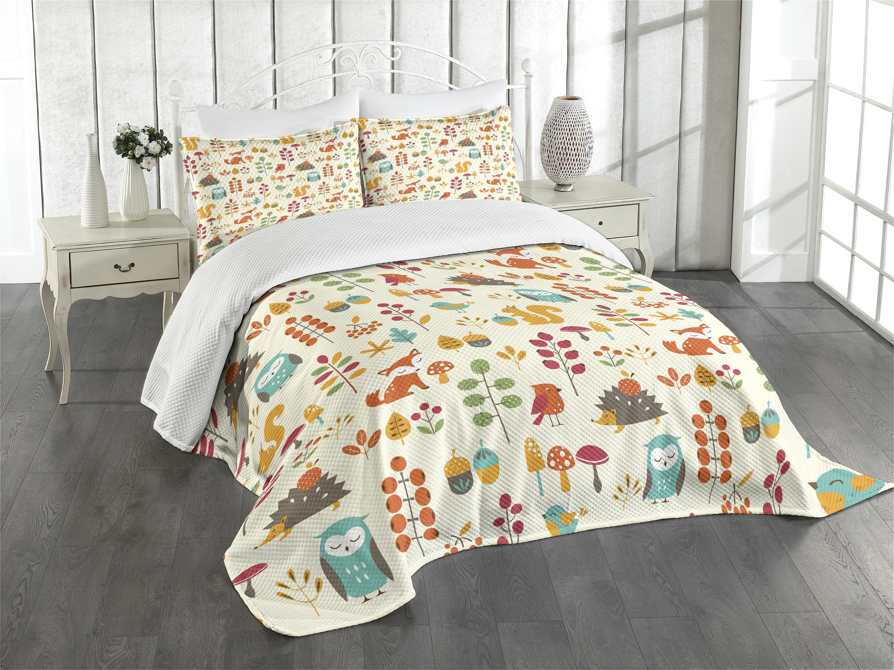 Ambesonne Cartoon Quilted Bedspread Set 3 Pcs, Owl Fox Squirrel Birds ...