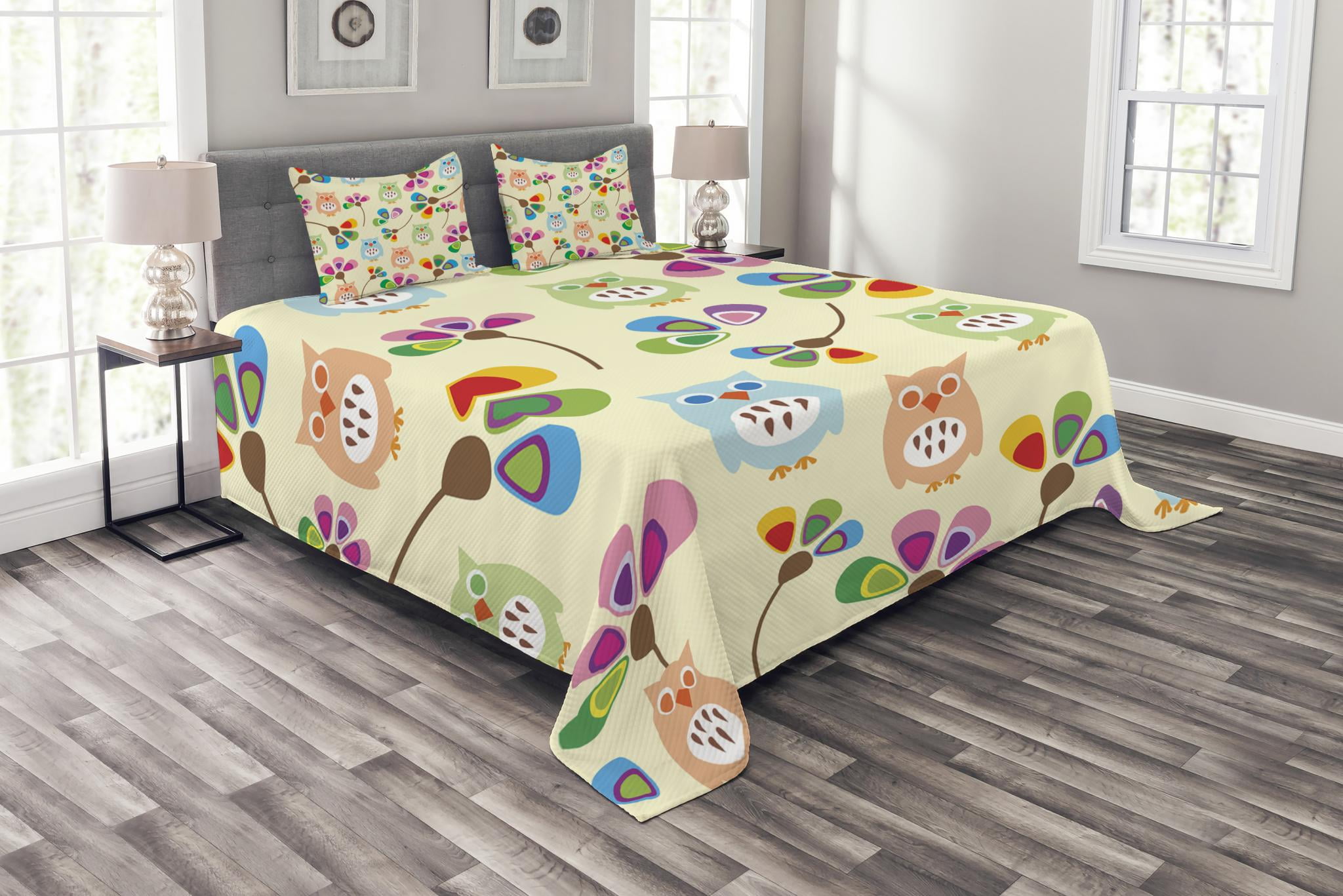 Ambesonne Cartoon Quilted Bedspread Set 3 Pcs, Owls Flowers Room, Queen ...