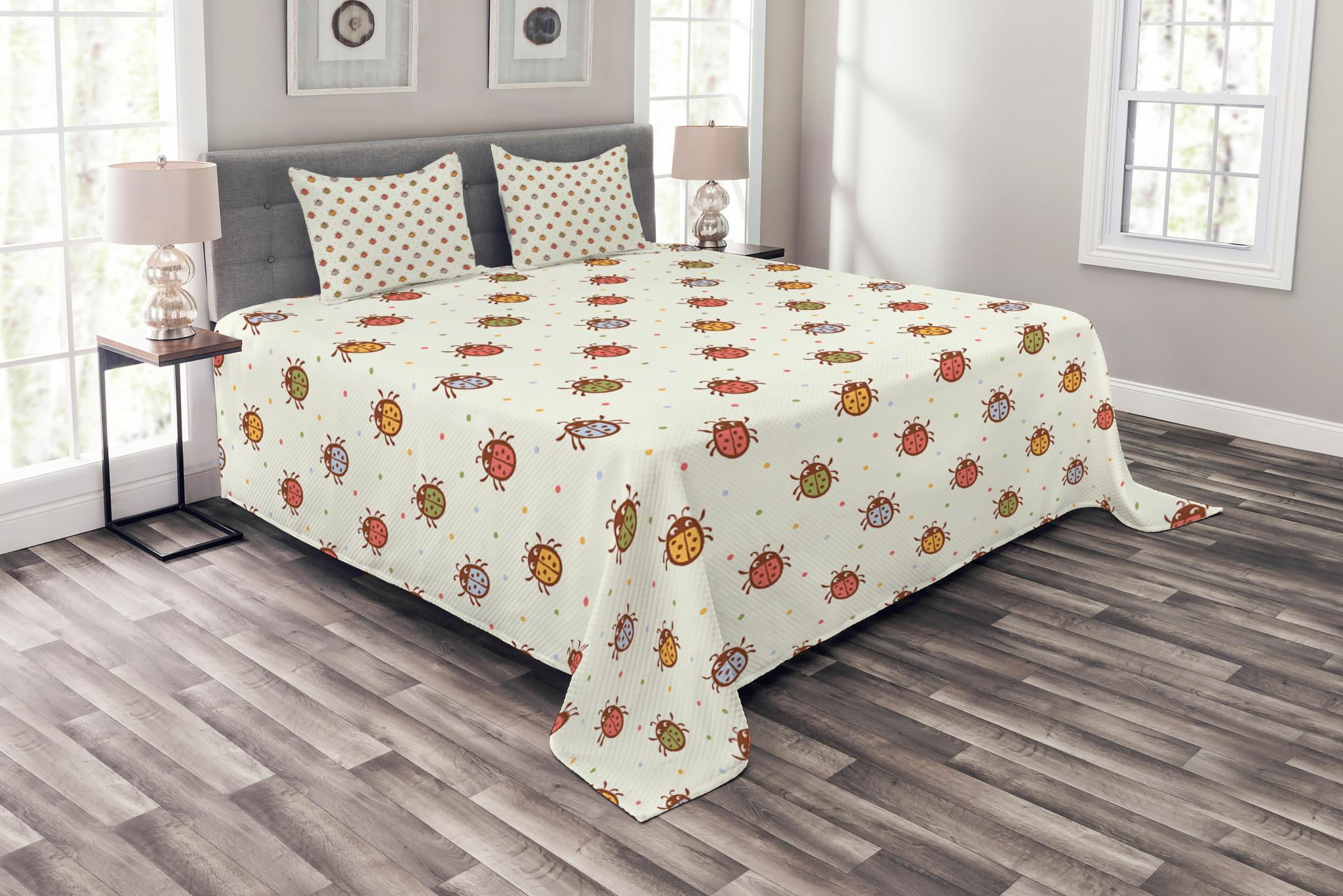 Ambesonne Cartoon Quilted Bedspread Set 3 Pcs, Pastel Colored Ladybugs ...