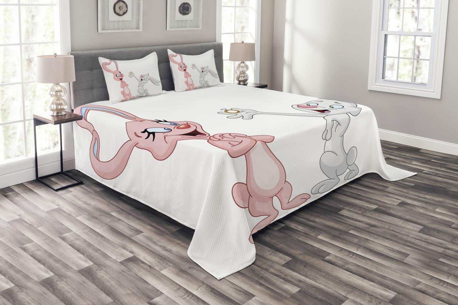 Ambesonne Cartoon Quilted Bedspread Set 3 Pcs, Rabbits Wedding, Queen ...