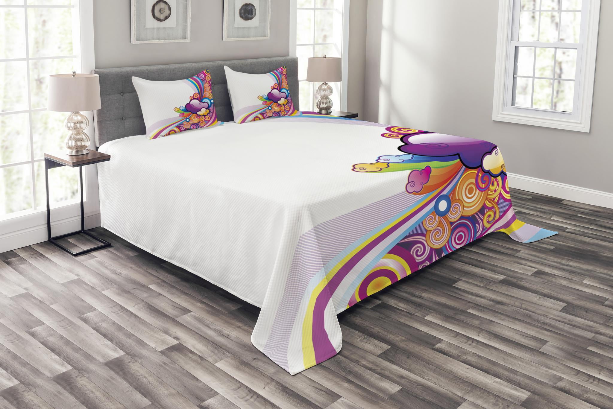 Ambesonne Cartoon Quilted Bedspread Set 3 Pcs, Rainbow Colored Clouds ...