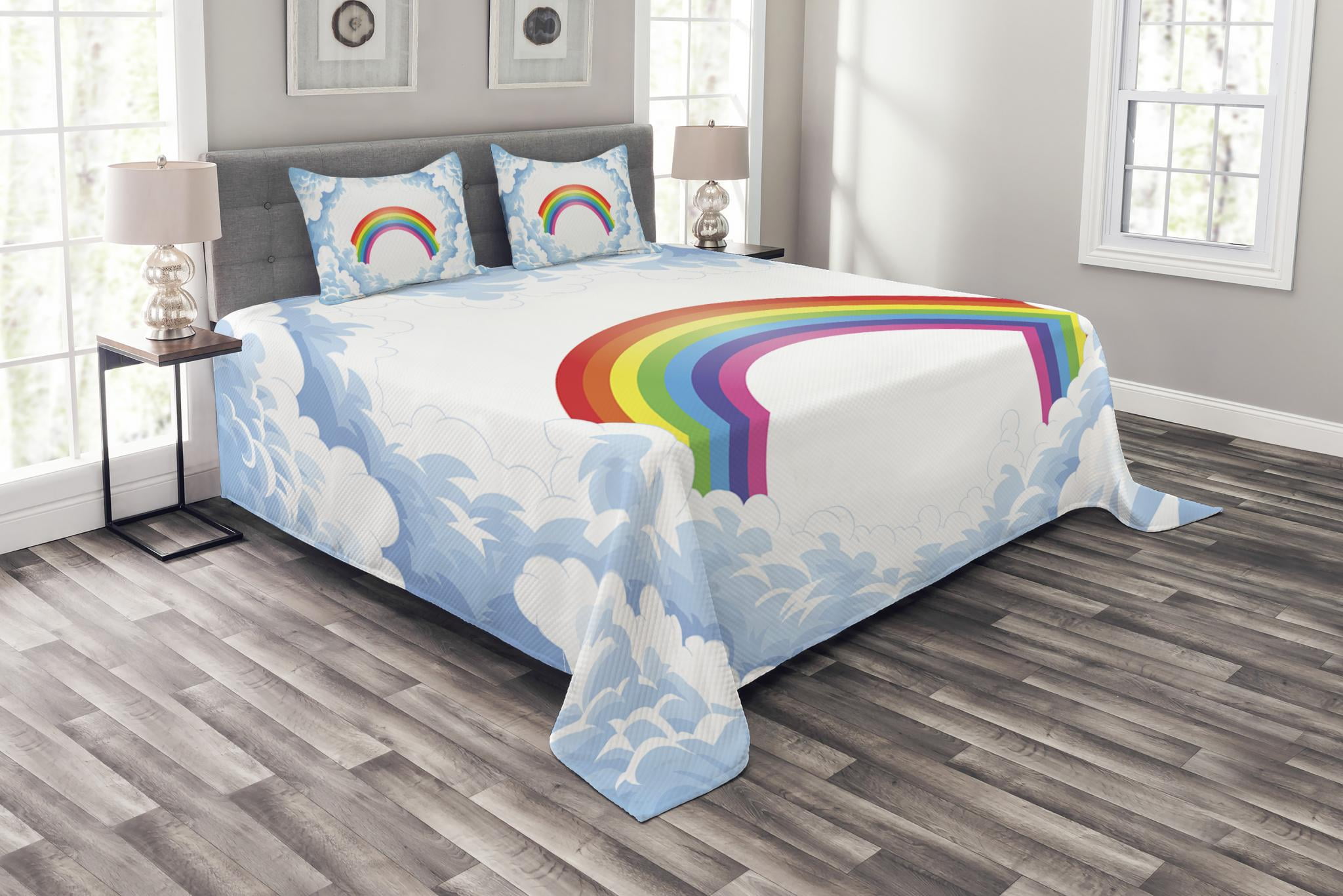 Ambesonne Cartoon Quilted Bedspread Set 3 Pcs, Rainbow Fluffy Clouds ...