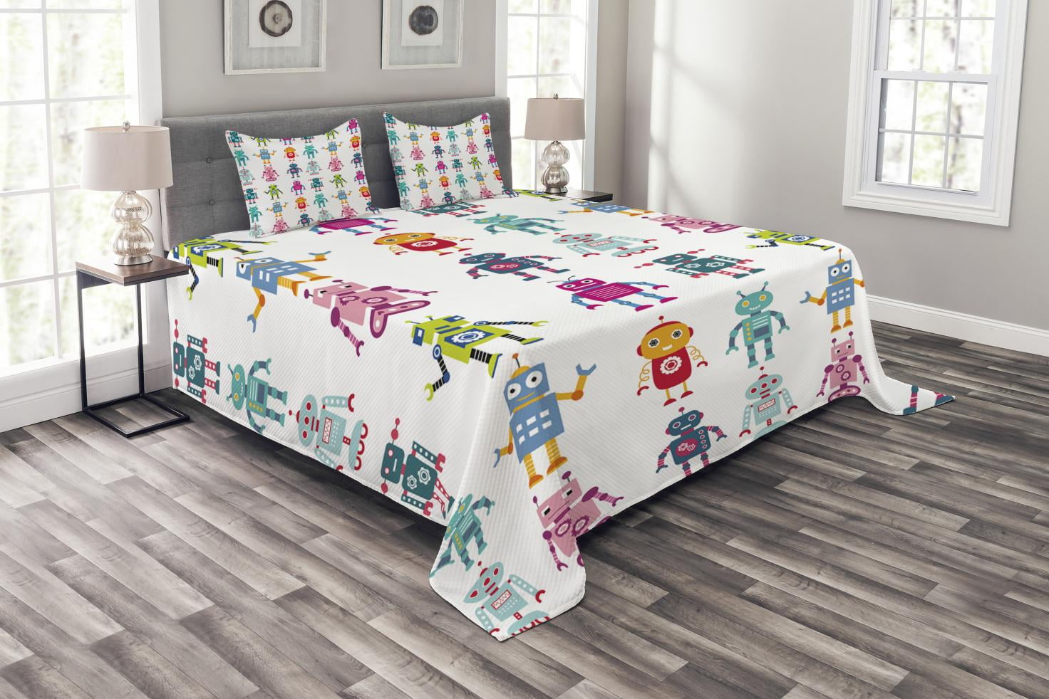 Ambesonne Cartoon Quilted Bedspread Set 3 Pcs, Robot, Queen Size ...