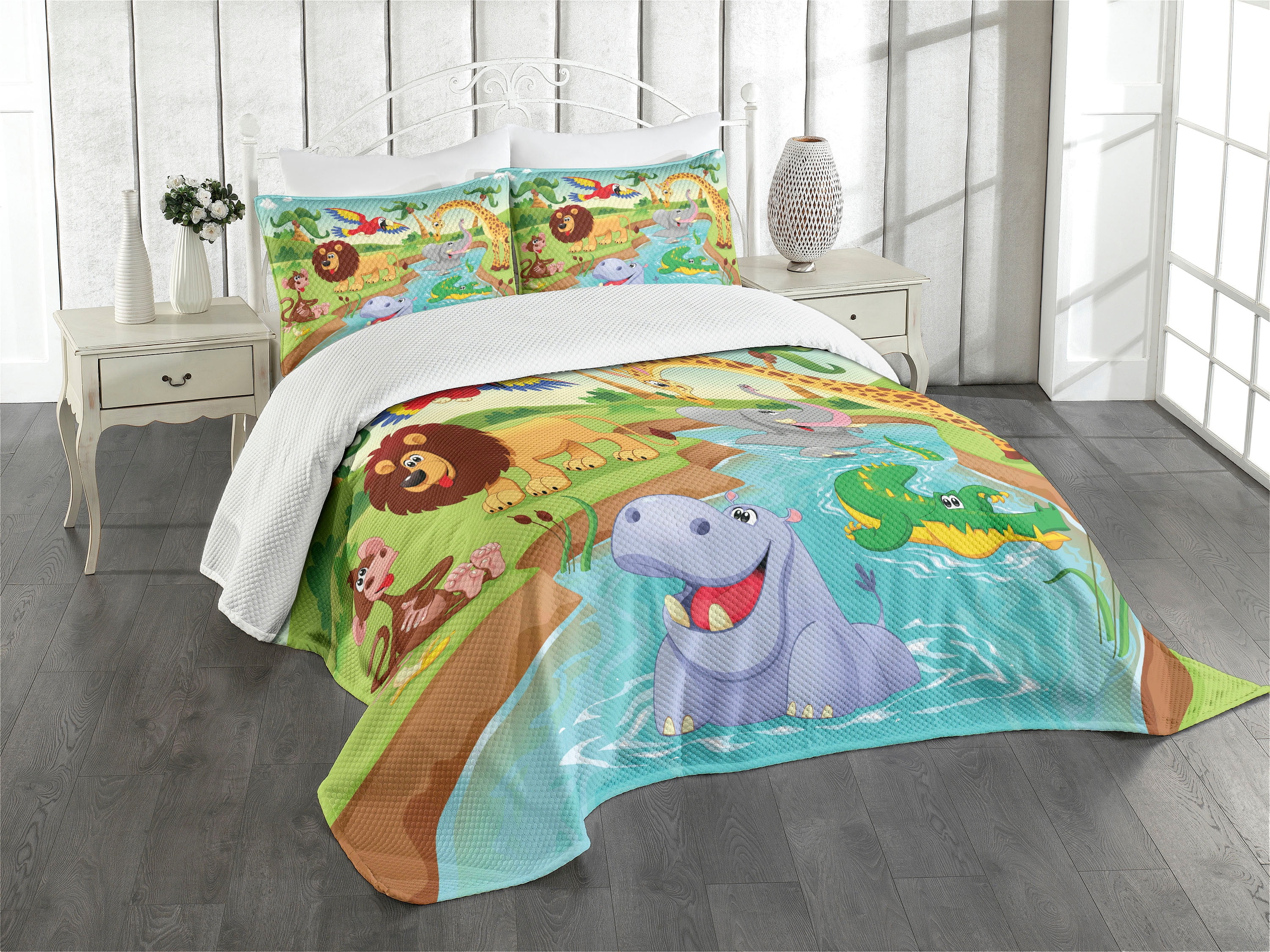 Ambesonne Cartoon Quilted Bedspread Set 3 Pcs, Savannah Animals ...