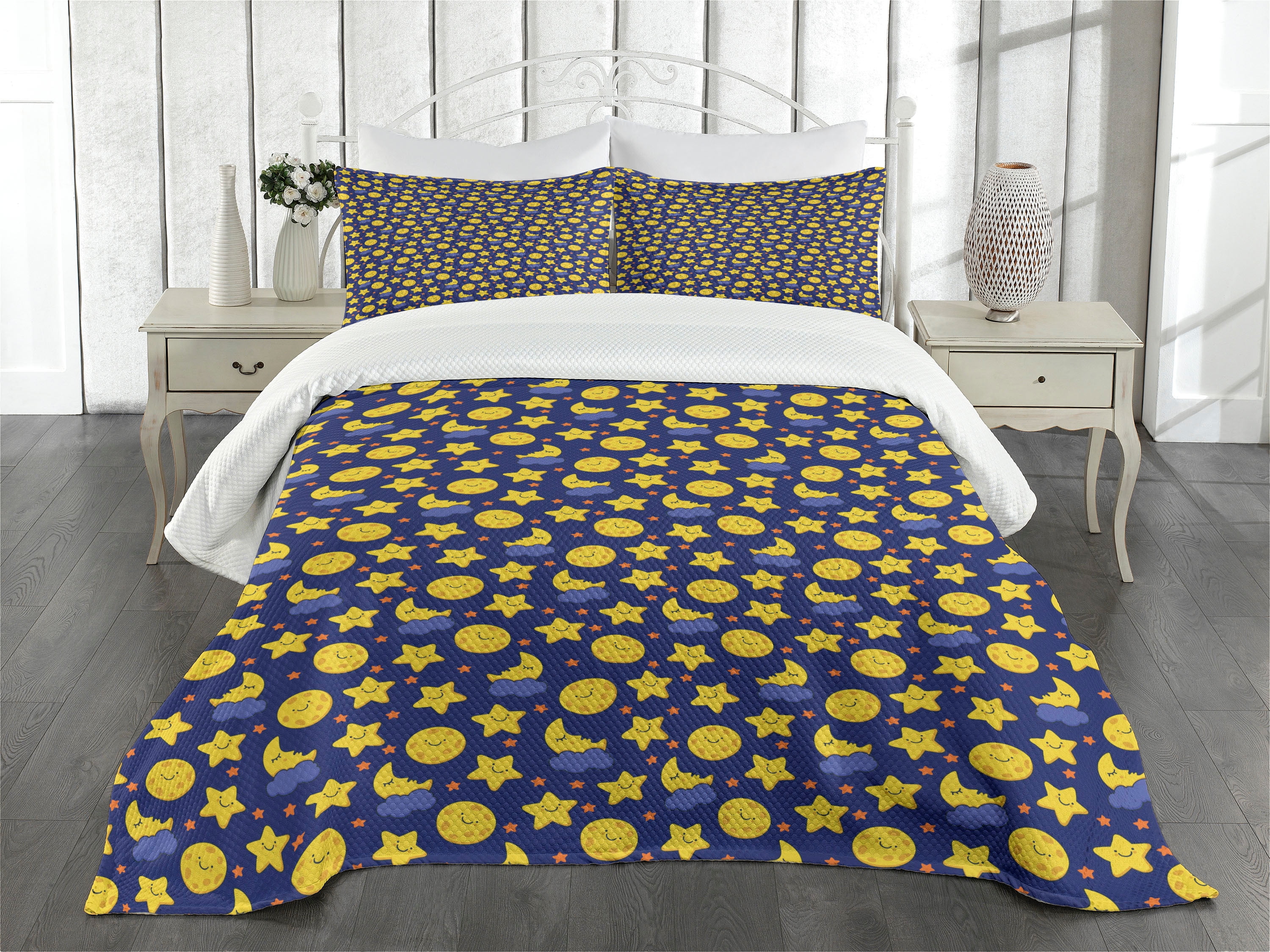 Ambesonne Cartoon Quilted Bedspread Set 3 Pcs, Sleeping Moon at Night ...