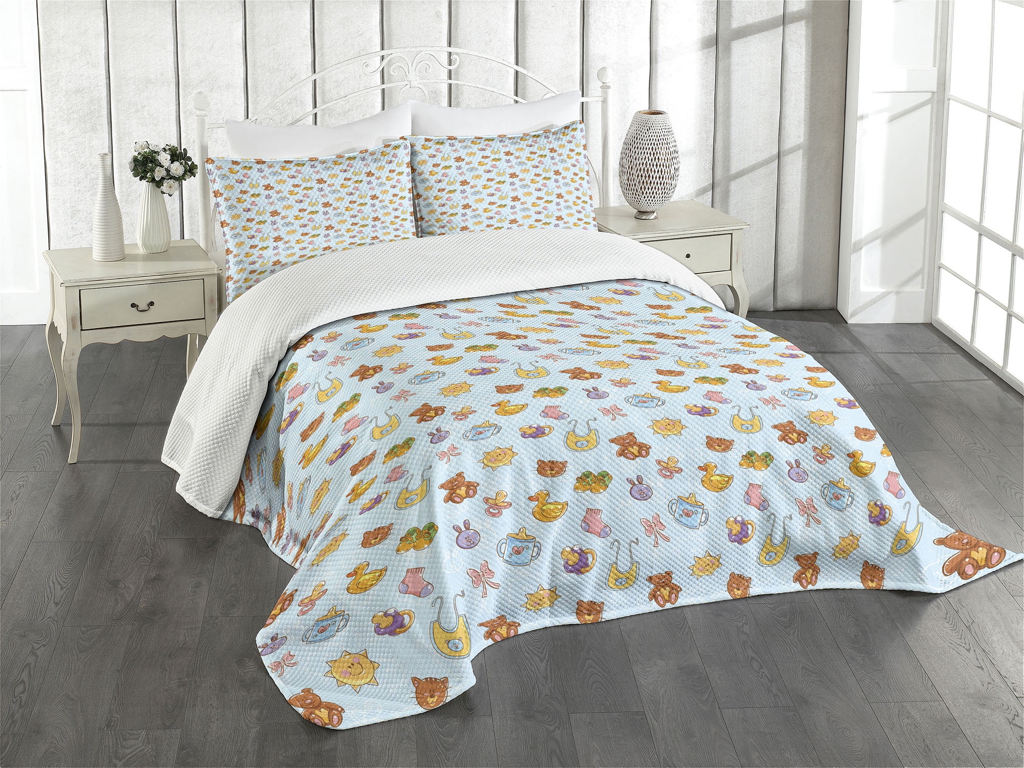 Ambesonne Cartoon Quilted Bedspread Set 3 Pcs, Sun Ribbon Teddy Bear ...