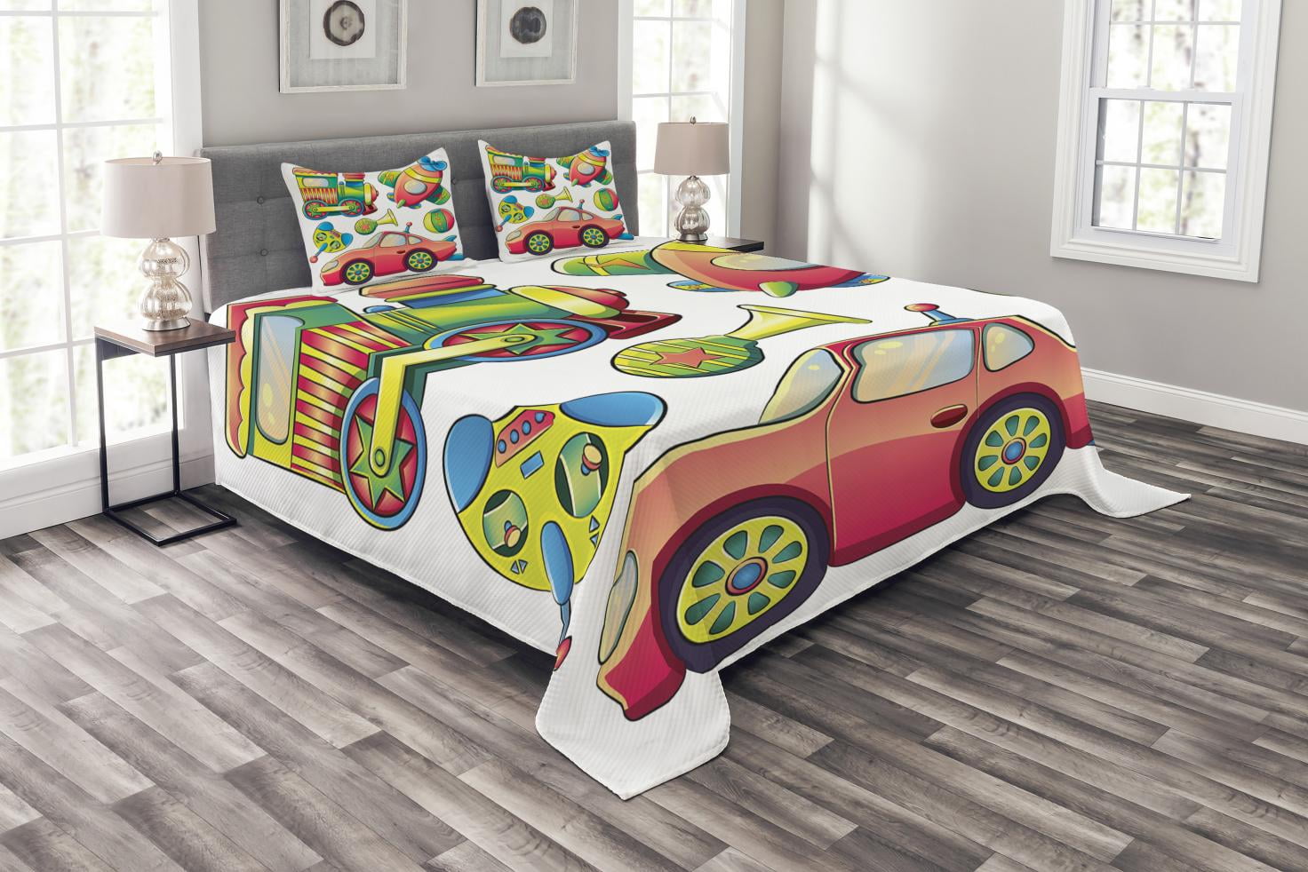 Ambesonne Cartoon Quilted Bedspread Set 3 Pcs, Train Car Airplane Print ...