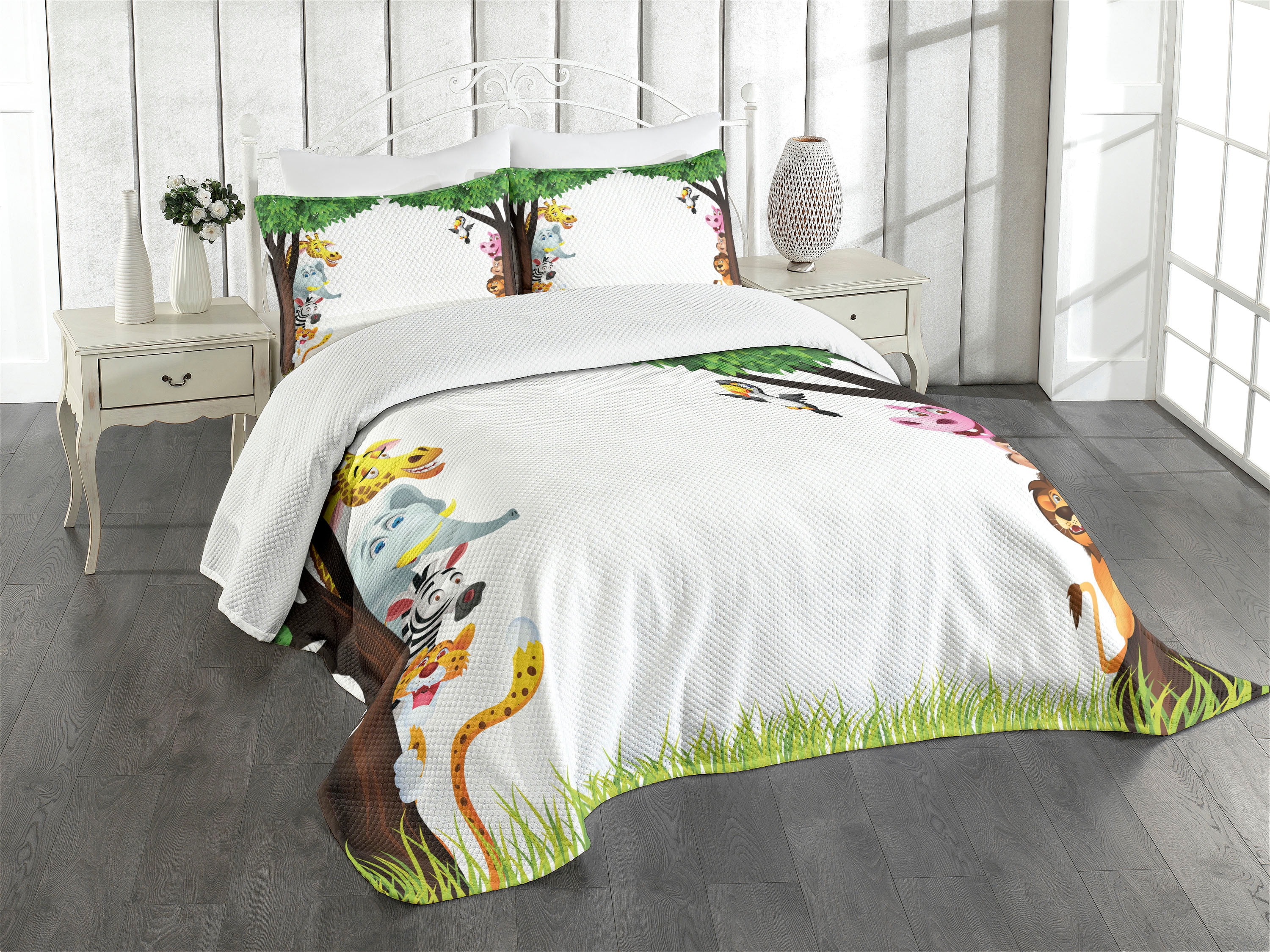 Ambesonne Cartoon Quilted Bedspread Set 3 Pcs, Trees Friendly Jungle ...