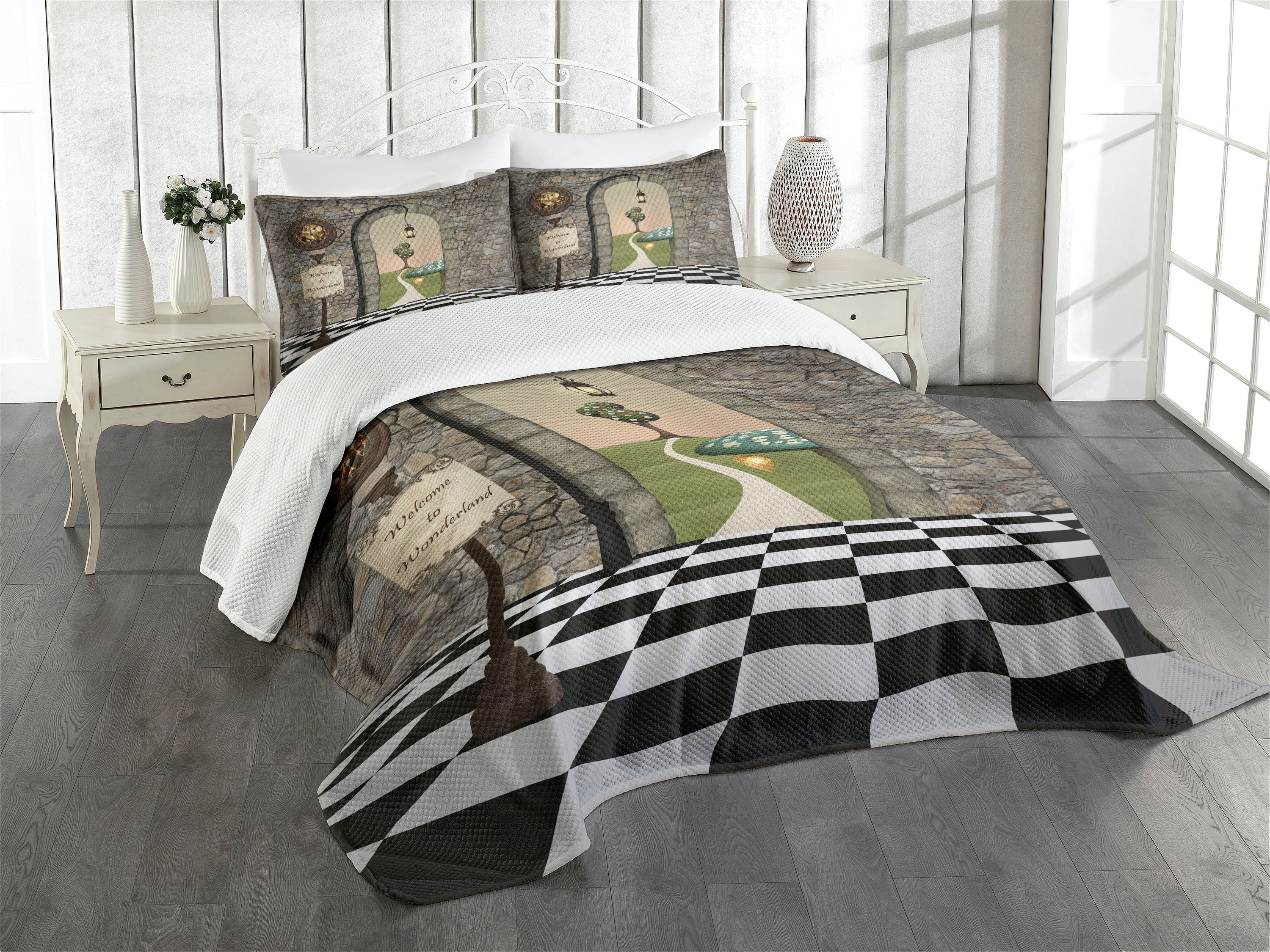 Ambesonne Cartoon Quilted Bedspread Set 3 Pcs, Wonderland Alice Art ...