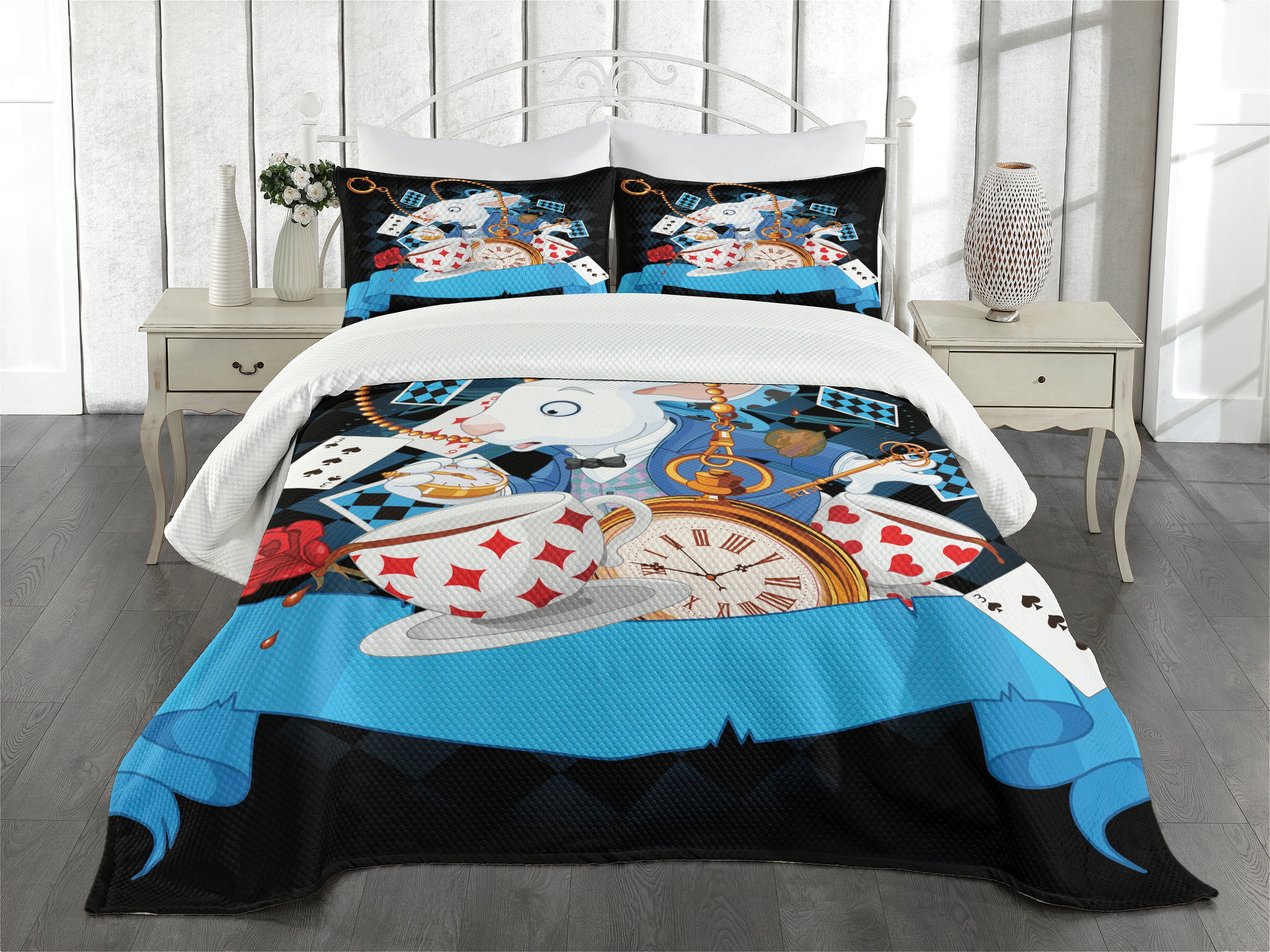 Ambesonne Cartoon Quilted Bedspread Set 3 Pcs, Wonderland Tale, Queen ...