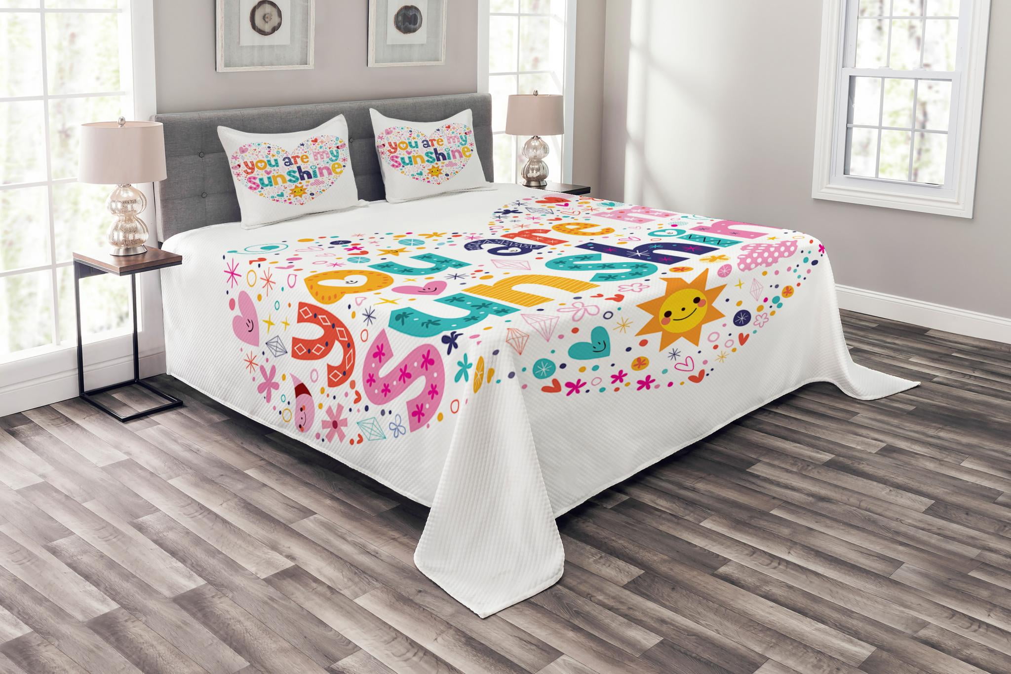 Ambesonne Cartoon Quilted Bedspread Set 3 Pcs, Words with Heart Shapes ...