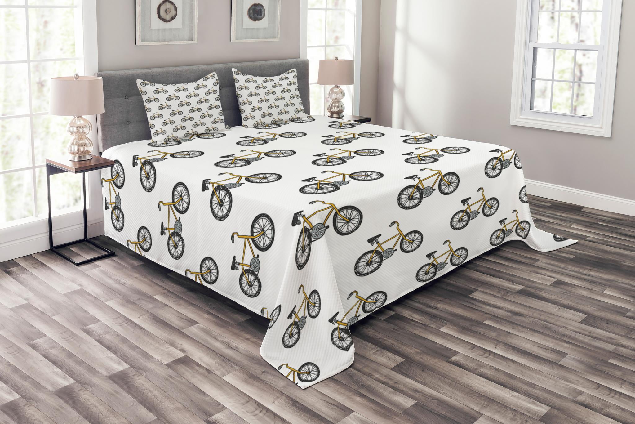 Ambesonne Cartoon Quilted Bedspread Set 3 Pcs, Yellow Bicycle Pattern ...