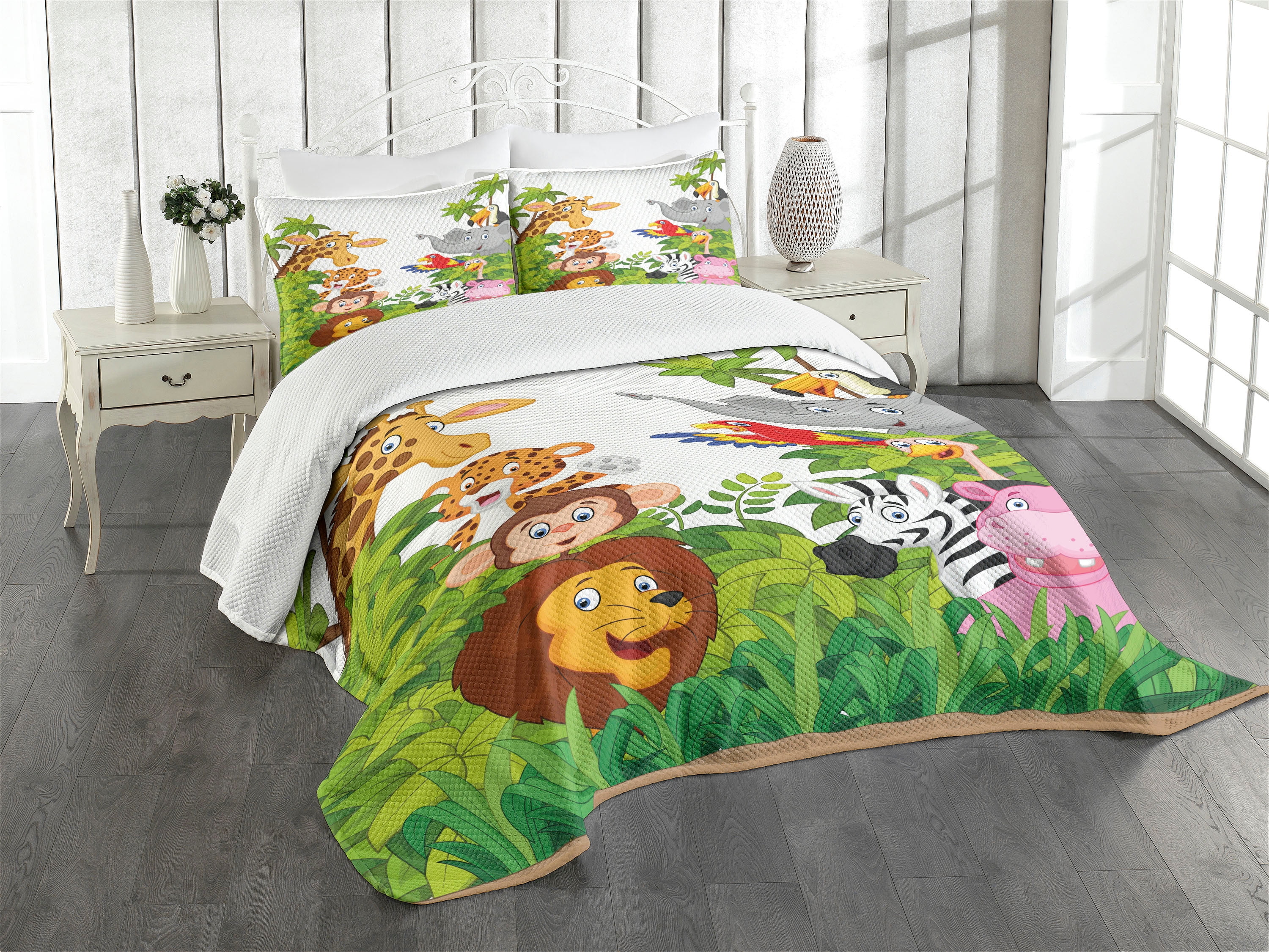 Ambesonne Cartoon Quilted Bedspread Set 3 Pcs, Zoo Mascots, Queen Size ...