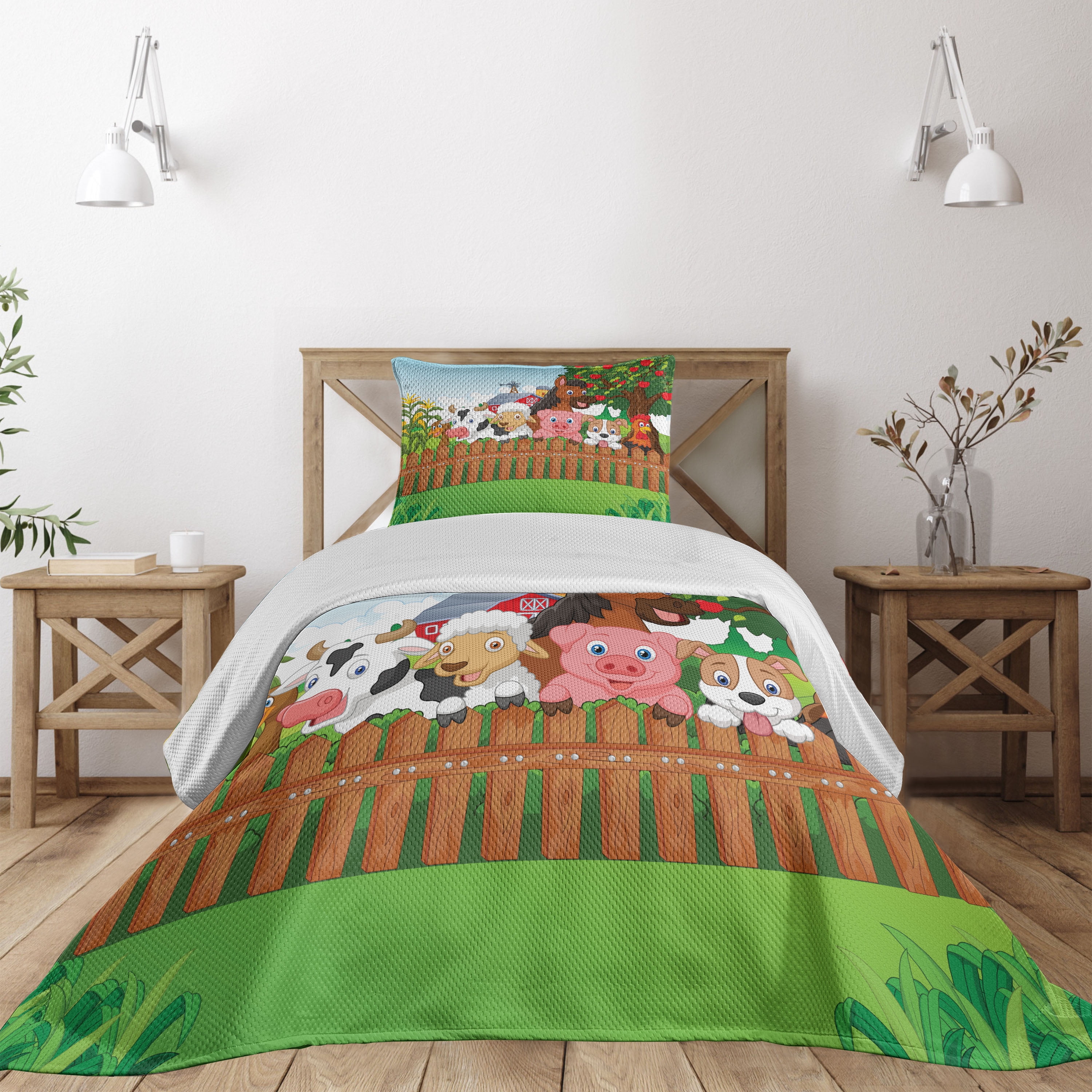 Ambesonne Cartoon Quilted Coverlet 2 Pcs, Farm Animals Mascots, Twin ...