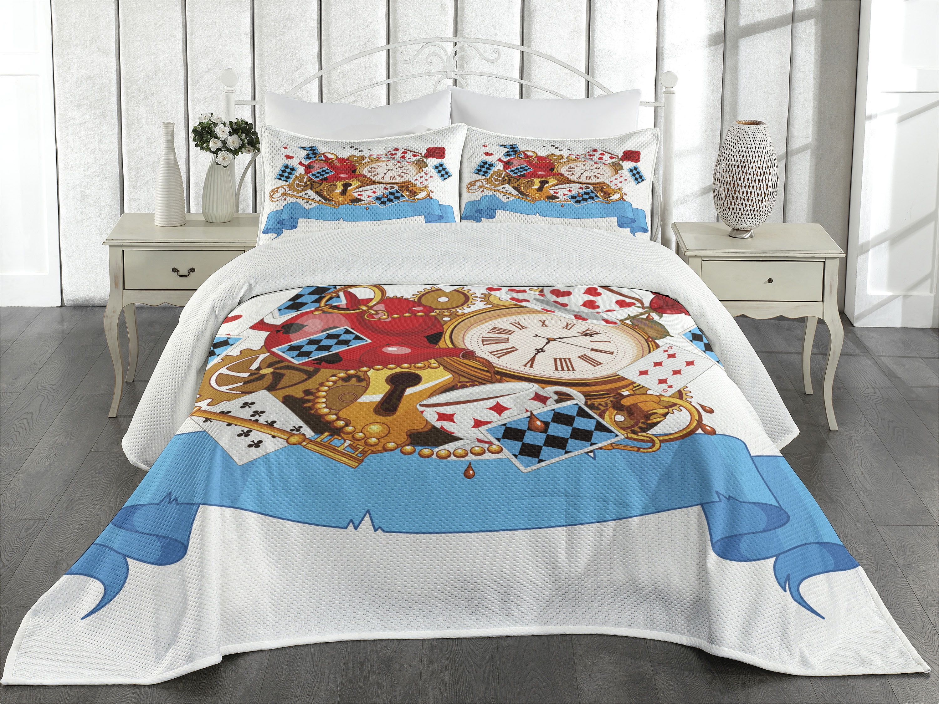 Ambesonne Cartoon Quilted Coverlet 3 Pcs, Fantasy World Cards Clocks ...