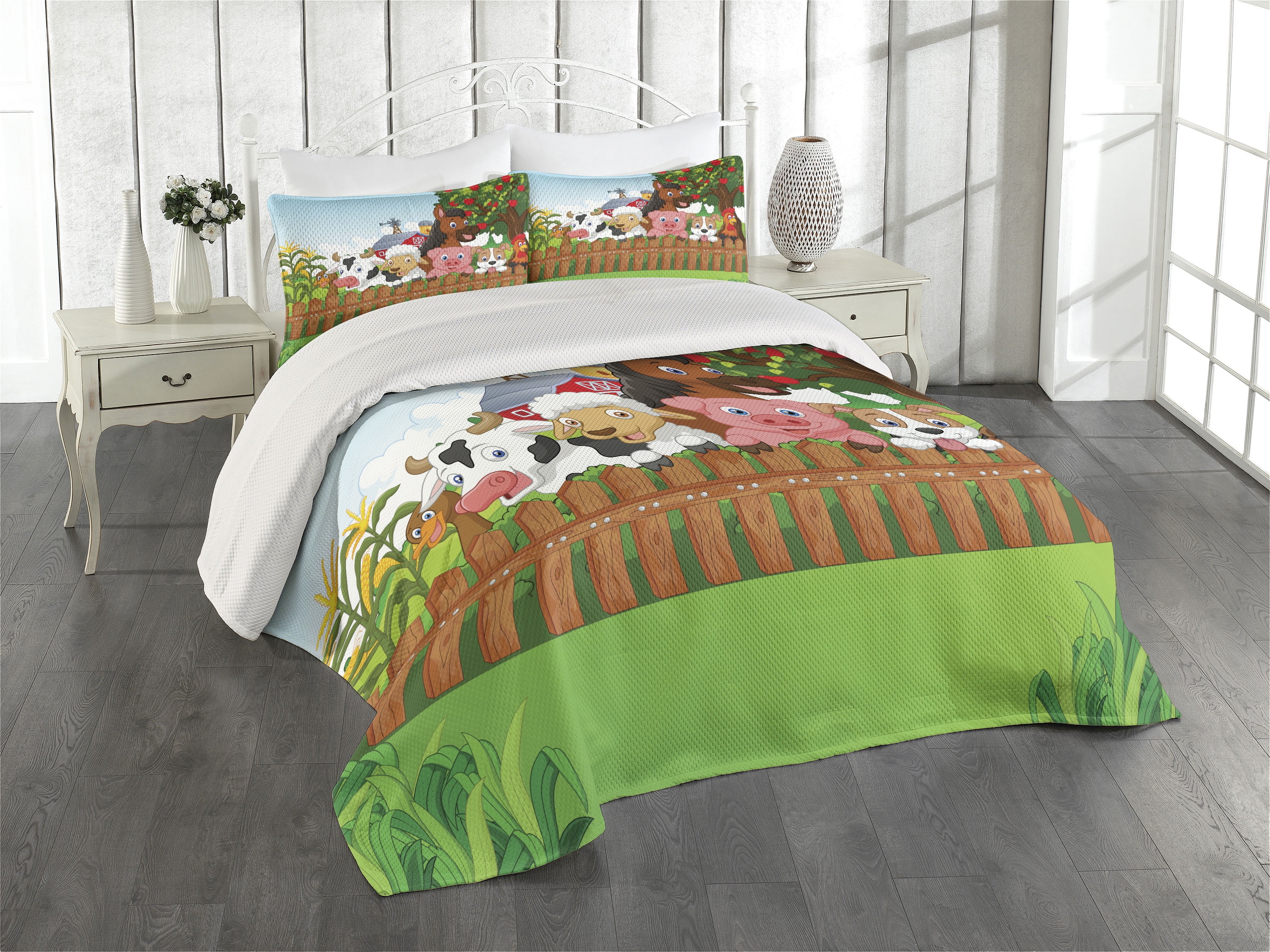 Ambesonne Cartoon Quilted Coverlet 3 Pcs, Farm Animals Mascots, Queen ...