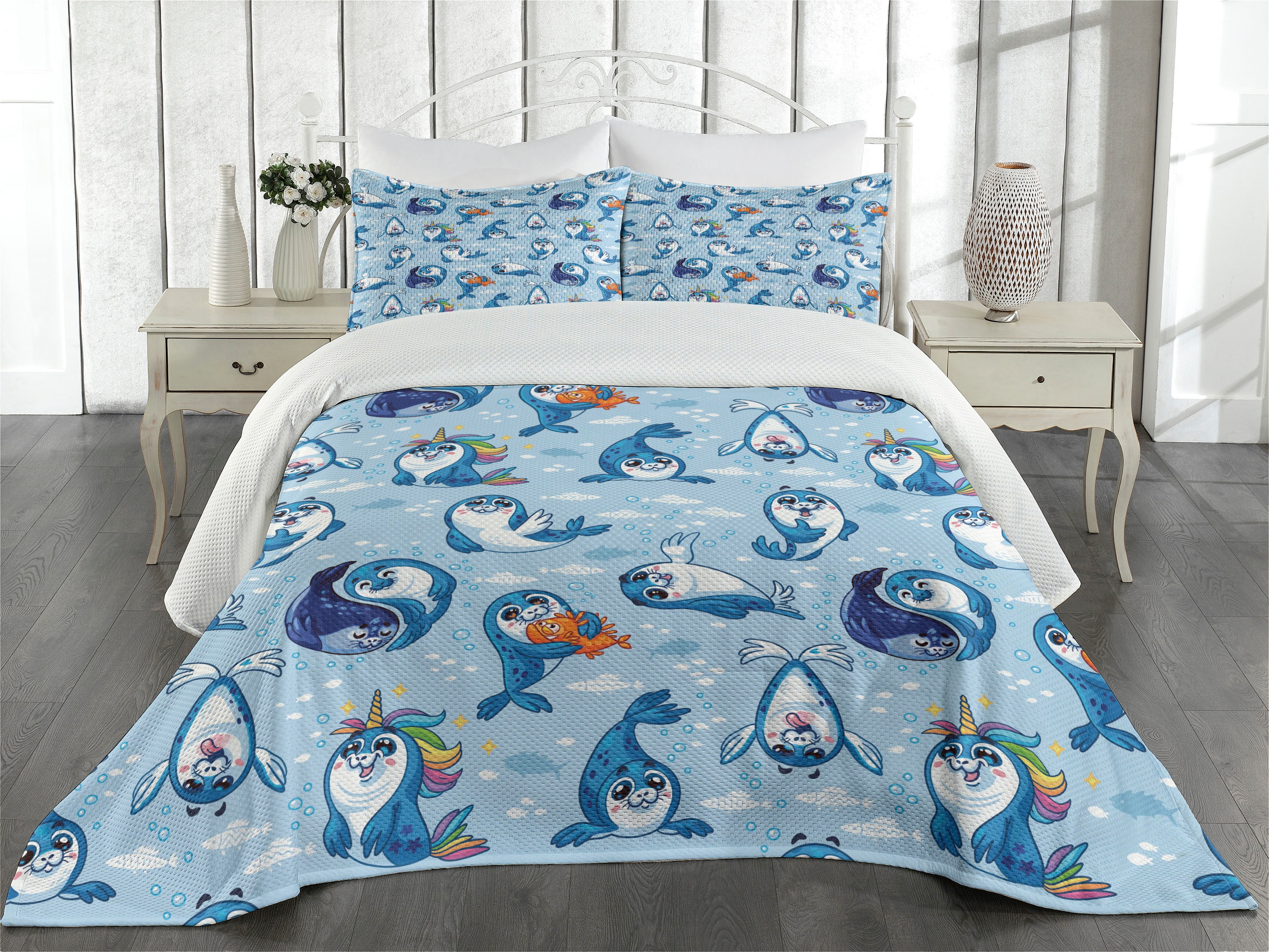 Ambesonne Cartoon Quilted Coverlet 3 Pcs, Friendly Seal, Queen Size ...
