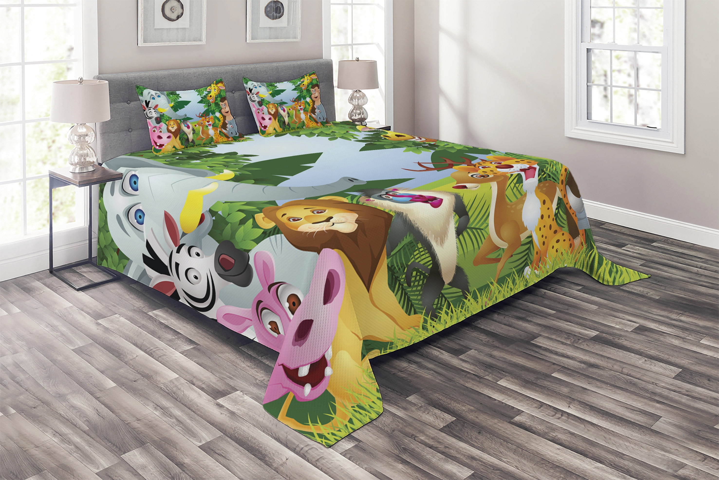 Ambesonne Cartoon Quilted Coverlet 3 Pcs, Savannah Jungle Funny Art ...
