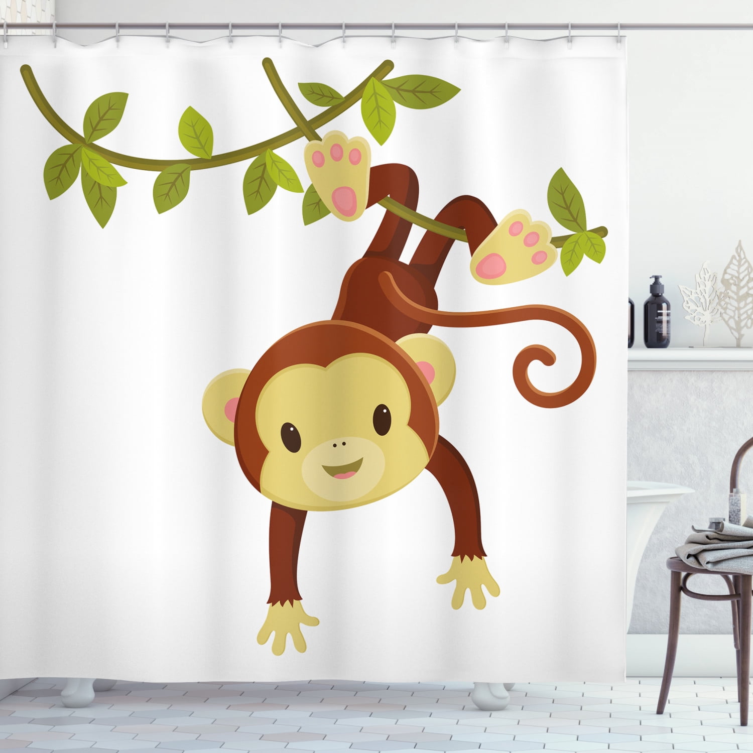 Ambesonne Cartoon Shower Curtain, Monkey on Liana, 69"Wx70"L, Brown ...